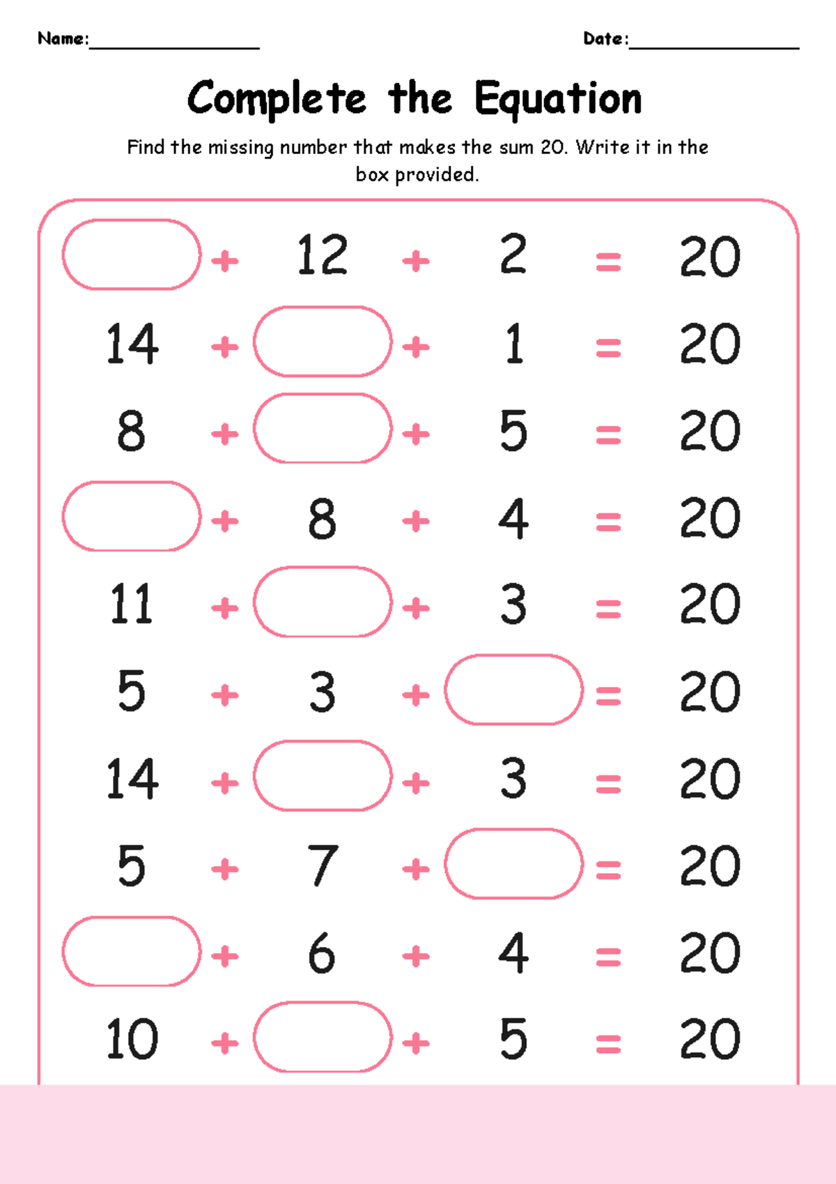 Complete the Equation for 1st Grade - 1st Grade Worksheet - Find the ...