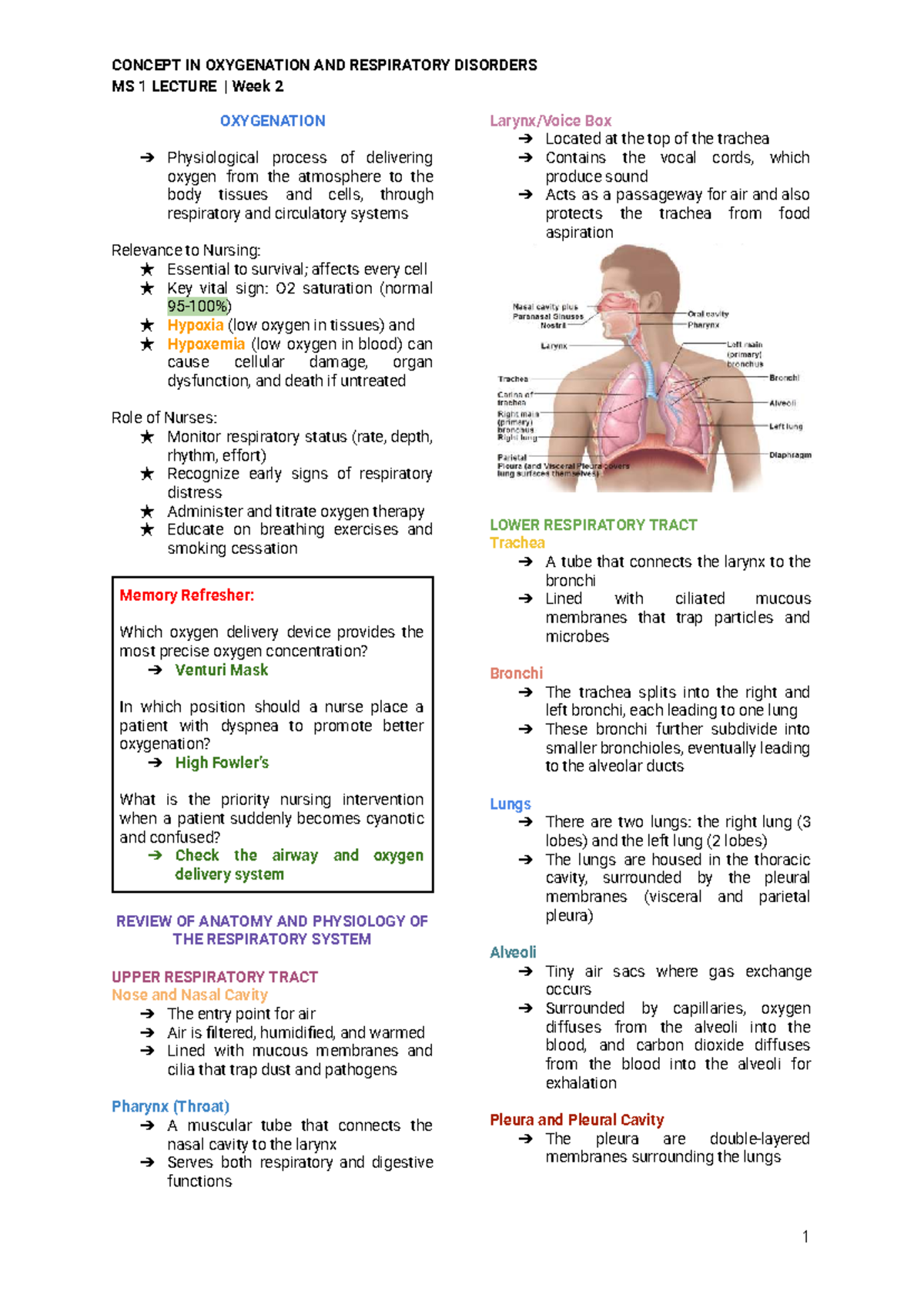 MS 1 LECTURE: Concepts in Oxygenation & Respiratory Disorders - Week 2 ...