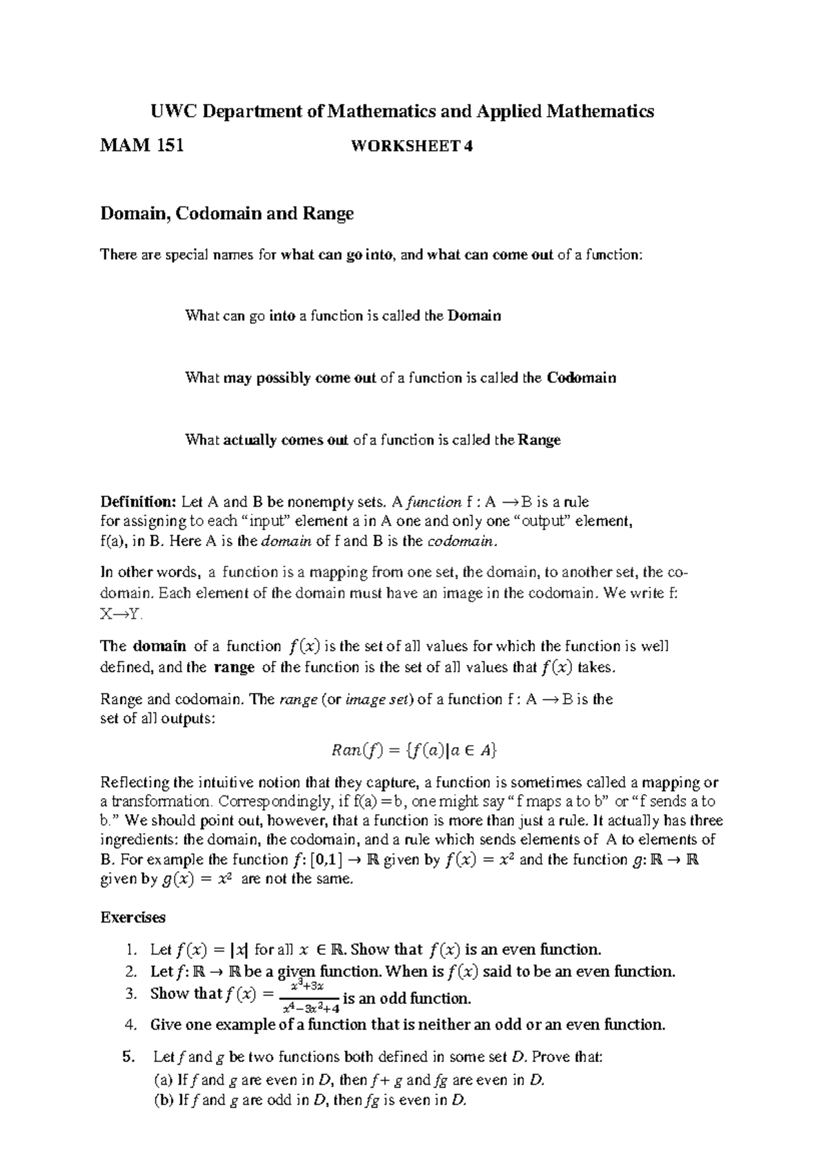 MAM 151 Worksheet 4: Understanding Domain, Codomain, and Range - Studocu