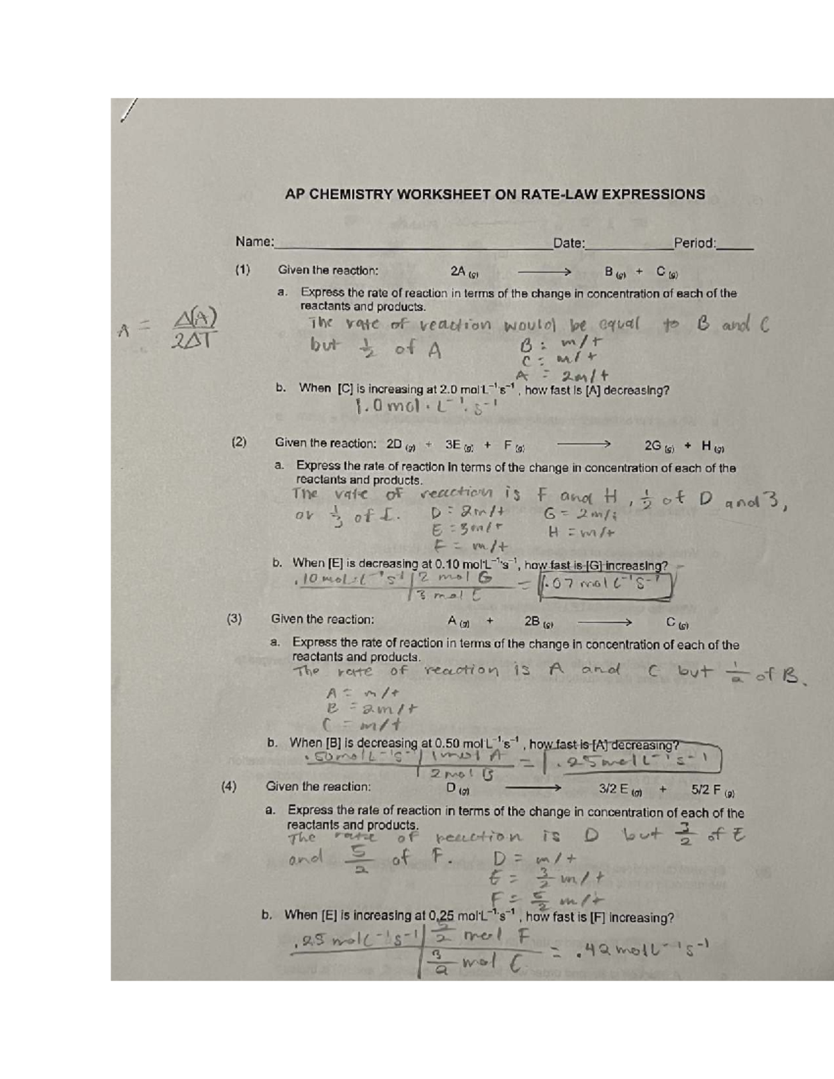 AP CHEMISTRY WORKSHEET ON RATE LAW EXPRESSIONS - Studocu