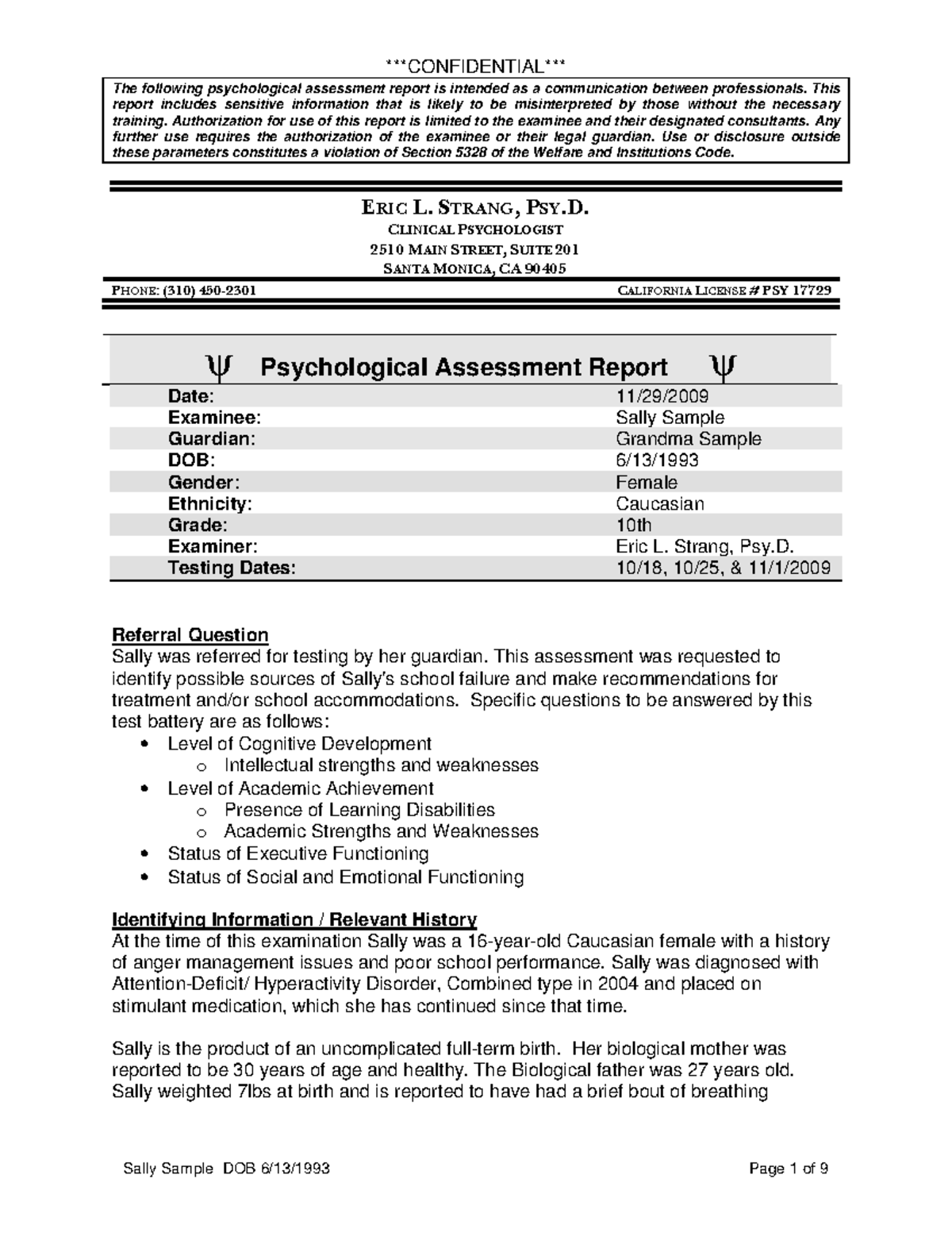 PSY 201 - Psychological Assessment Report for Sally Sample - Studocu
