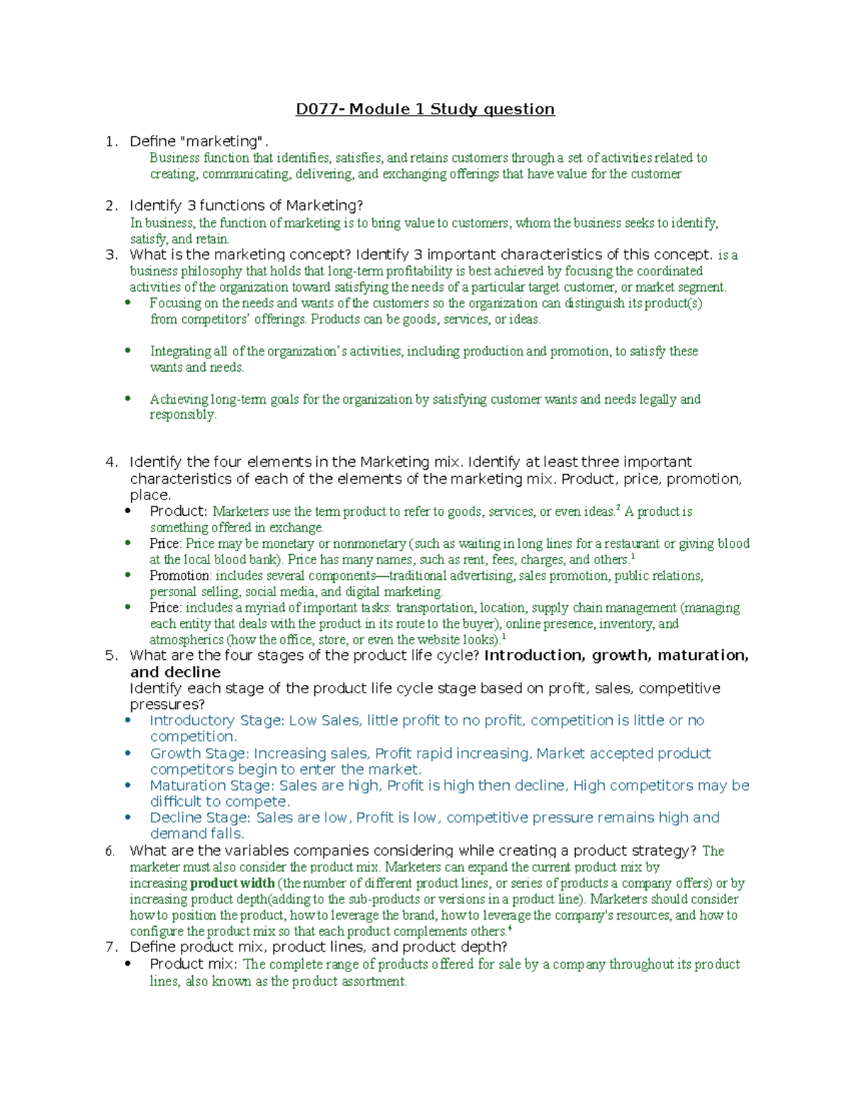D077: Module 1 Marketing Concepts and Strategies Lecture Notes - Studocu
