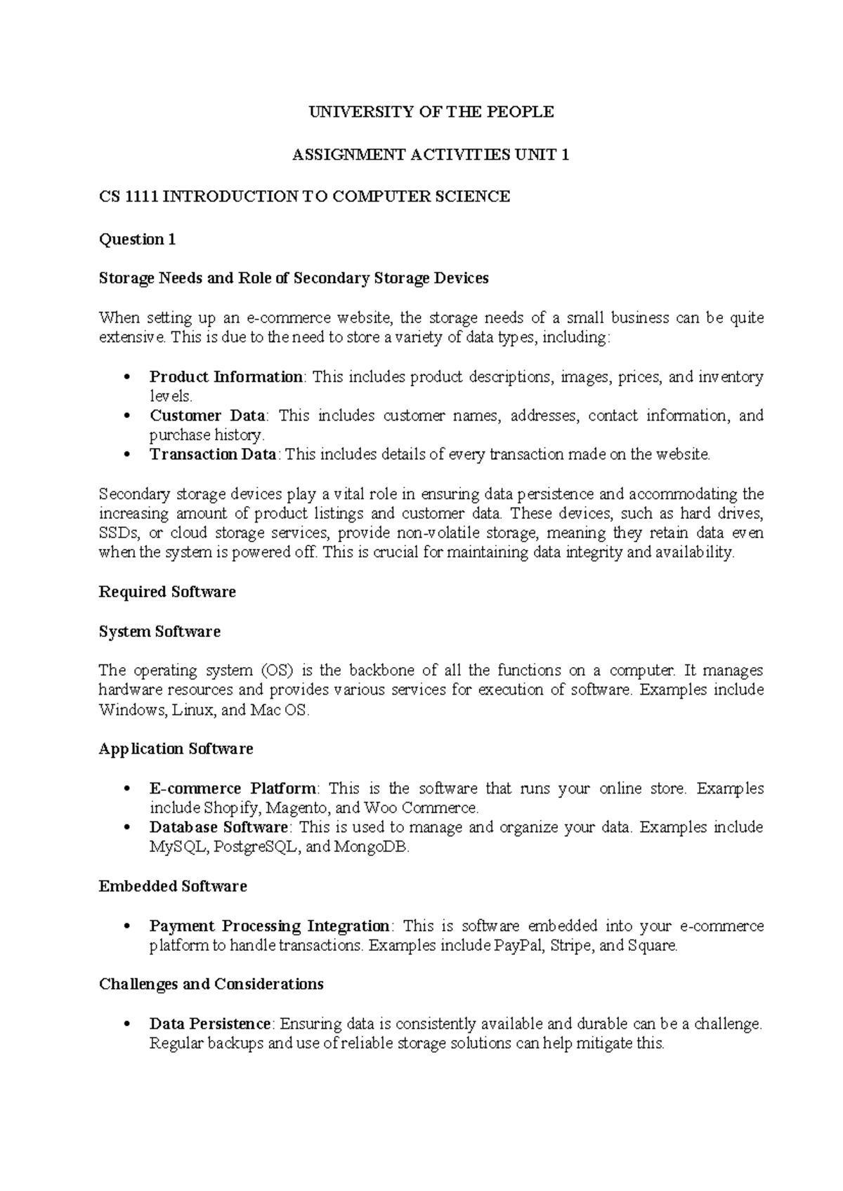 Assignment Activity Unit 1: CS - Intro to Computer Science Insights - Studocu