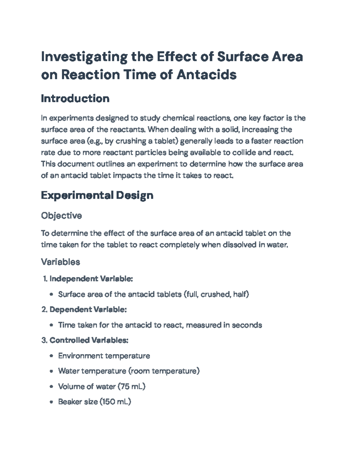 Examining Antacid Tablet Surface Area's Effect on Reaction Time - Studocu