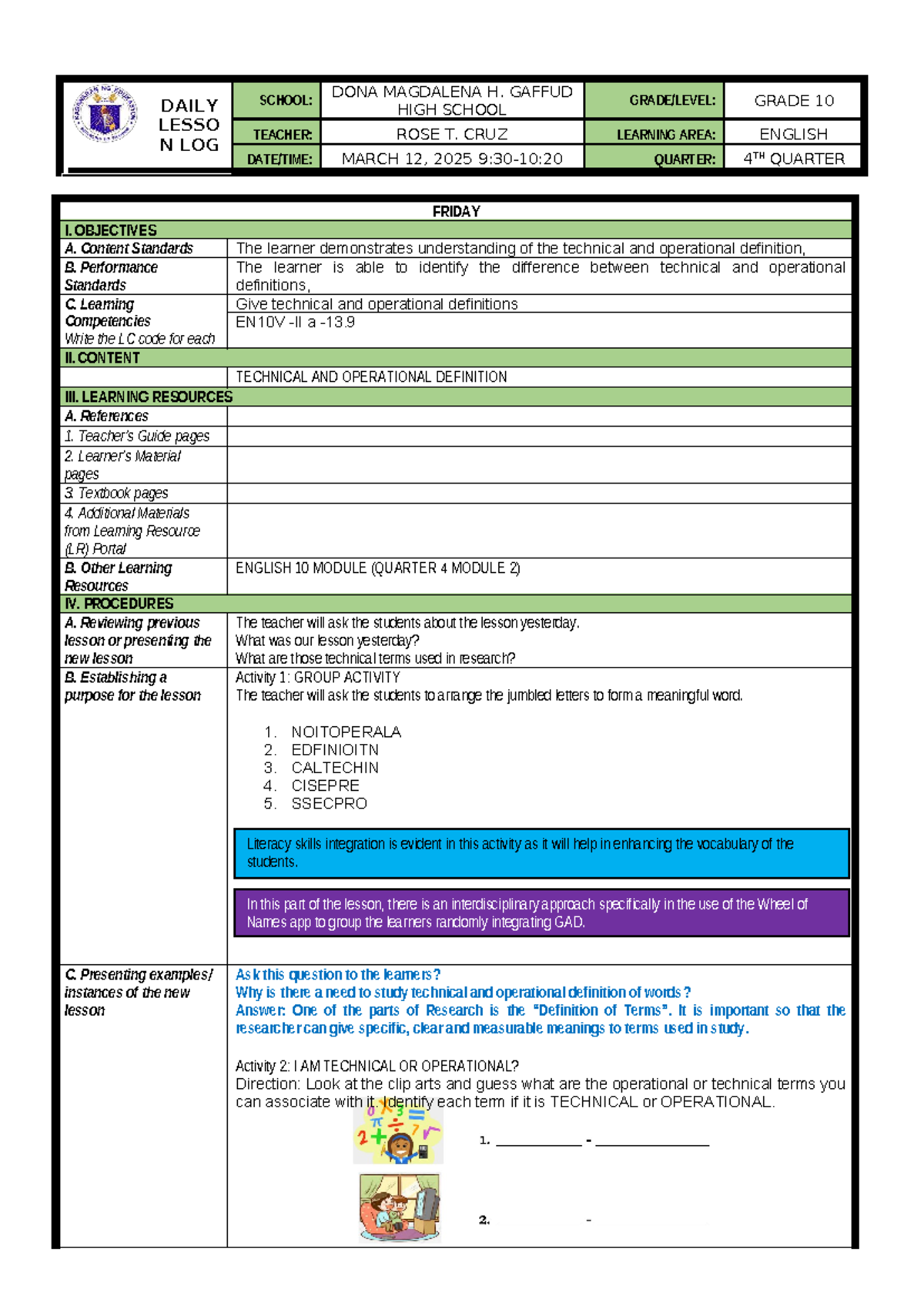 English 10 4th Quarter Lesson Plan: Technical & Operational Definitions ...