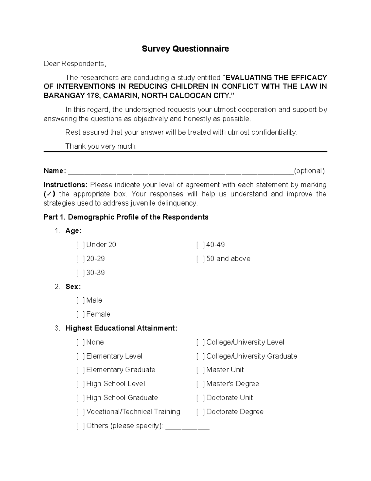 Survey-Questionnaire - Survey Questionnaire Dear Respondents, The ...