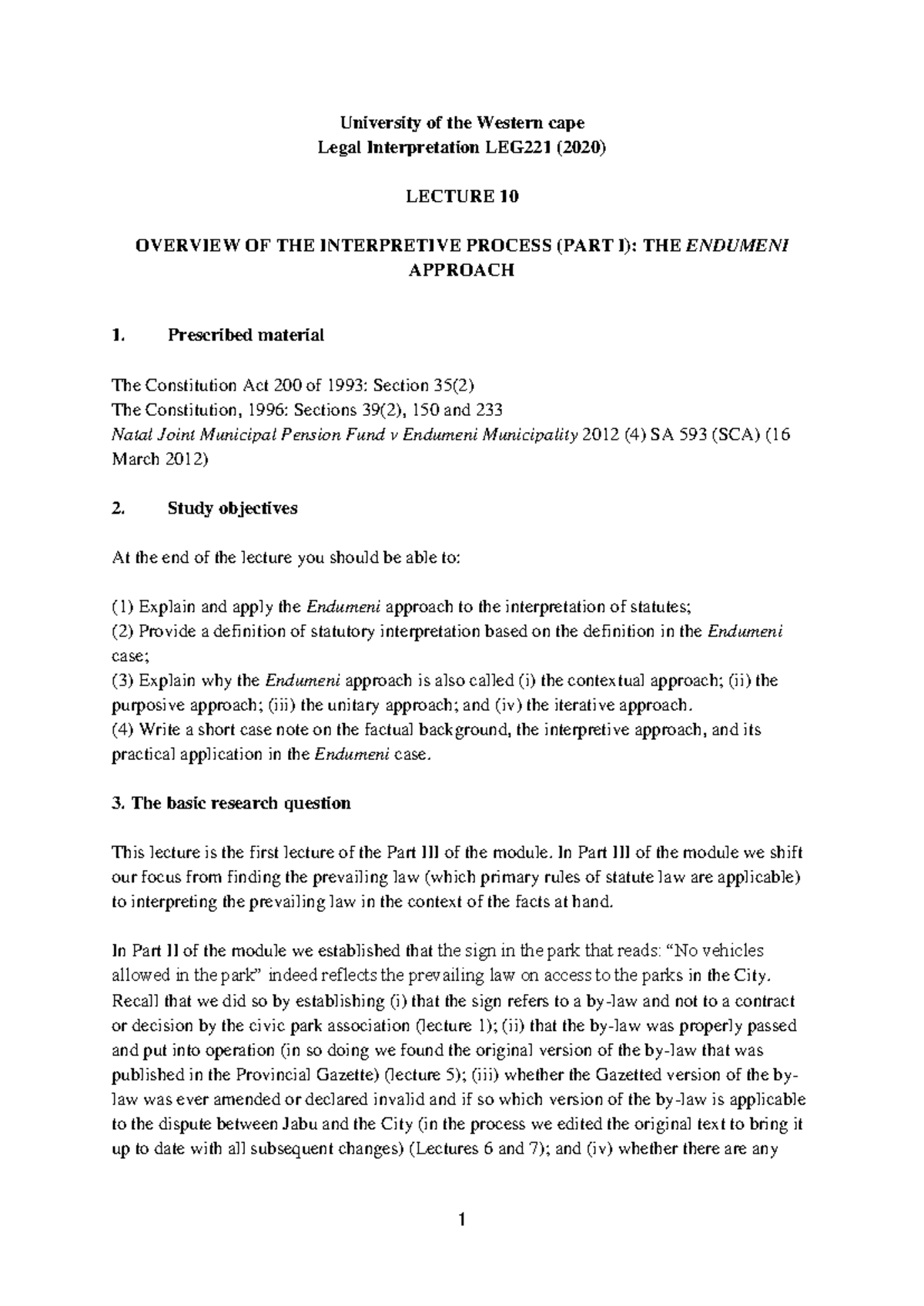 Lecture 10: The Endumeni Approach in Legal Interpretation (LEG221 ...