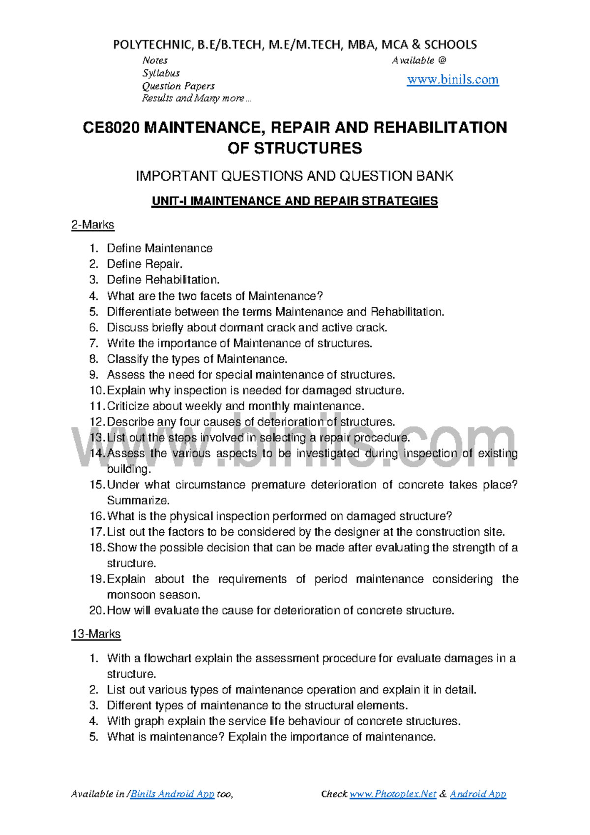 CE8020 Important Questions and Question Bank for Maintenance Repair ...