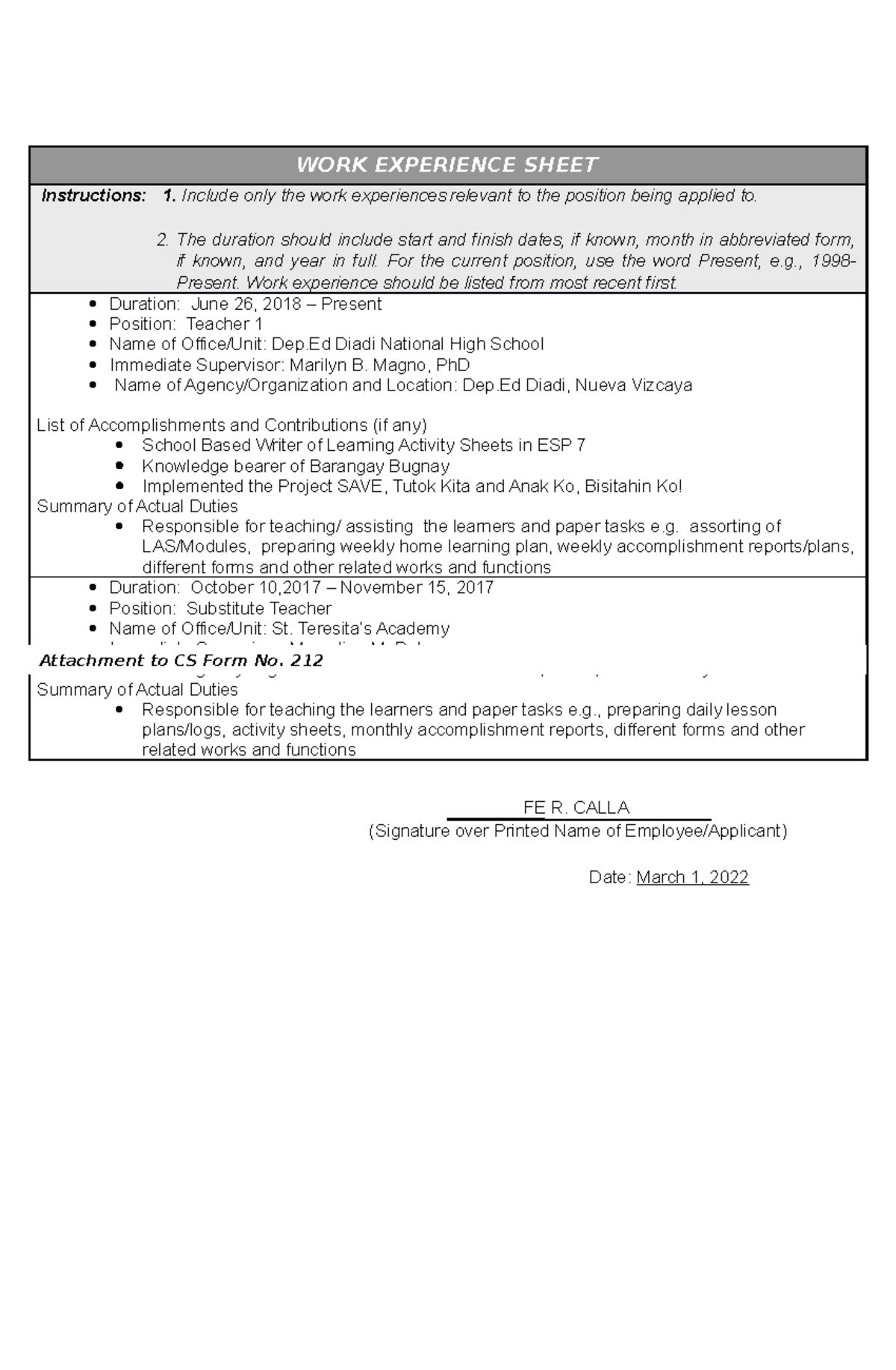 PDS-Attachment: Work Experience Sheet for Teacher Position - Studocu