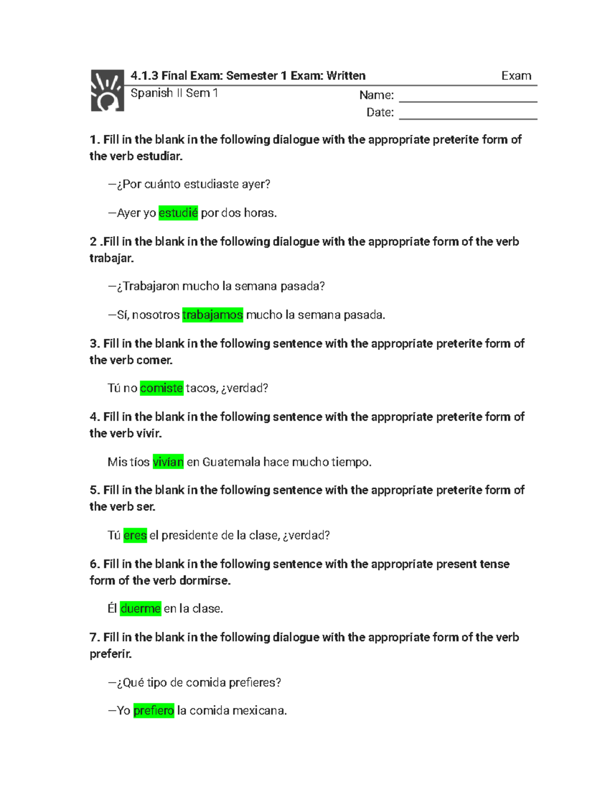 4.1.3 Final Exam - Spanish II Semester 1 Written Exam - Studocu