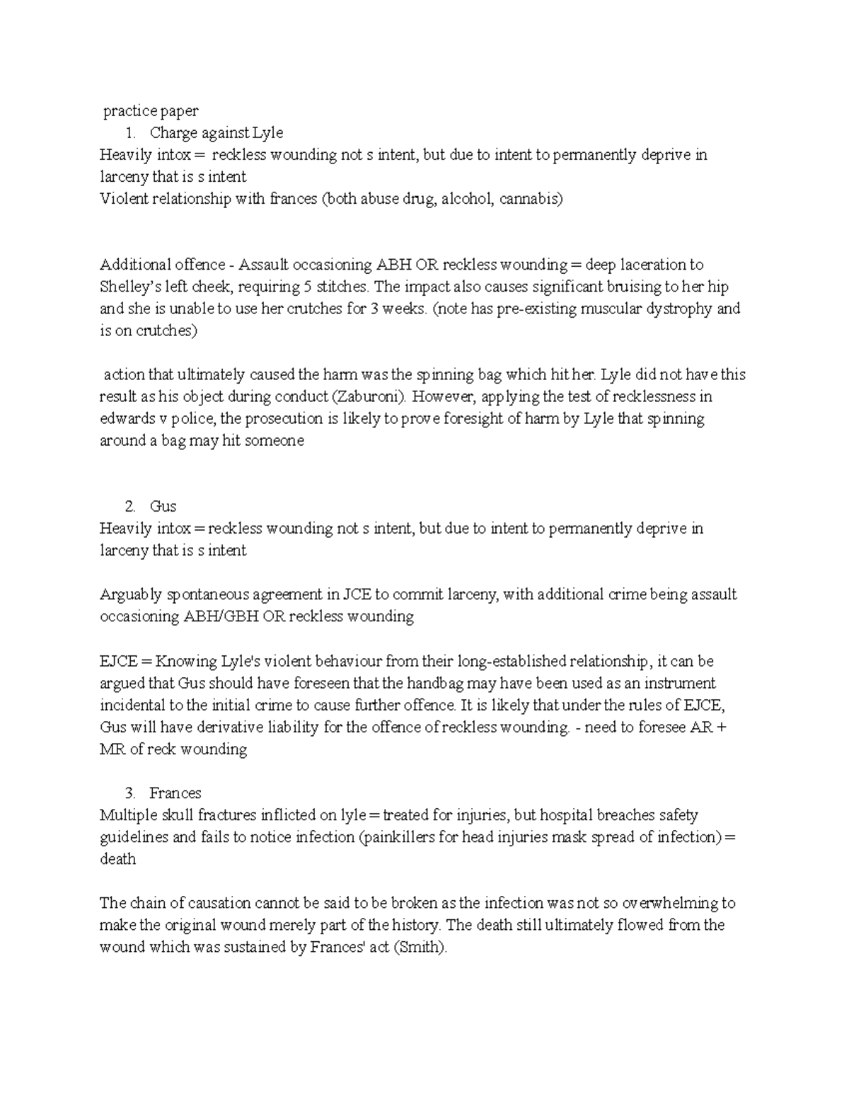Practice Paper (Problem Q) on Reckless Wounding & Liability Issues ...