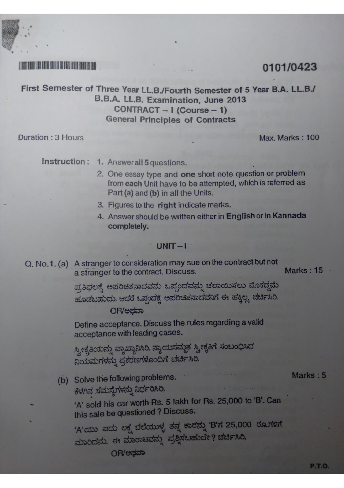 L.L.B Semester - 1 Contract Previous Year Question Papers - Studocu