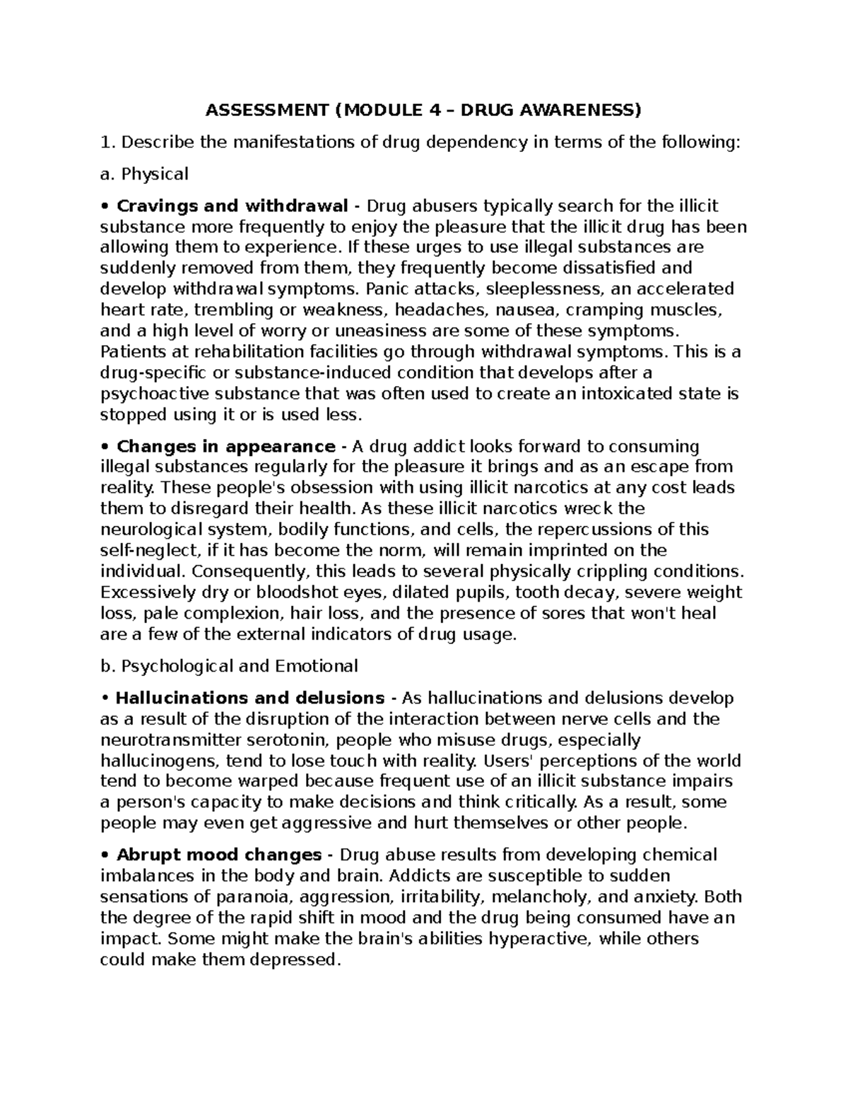 Assessment ( Module 4 – DRUG Awareness) - ASSESSMENT (MODULE 4 – DRUG ...