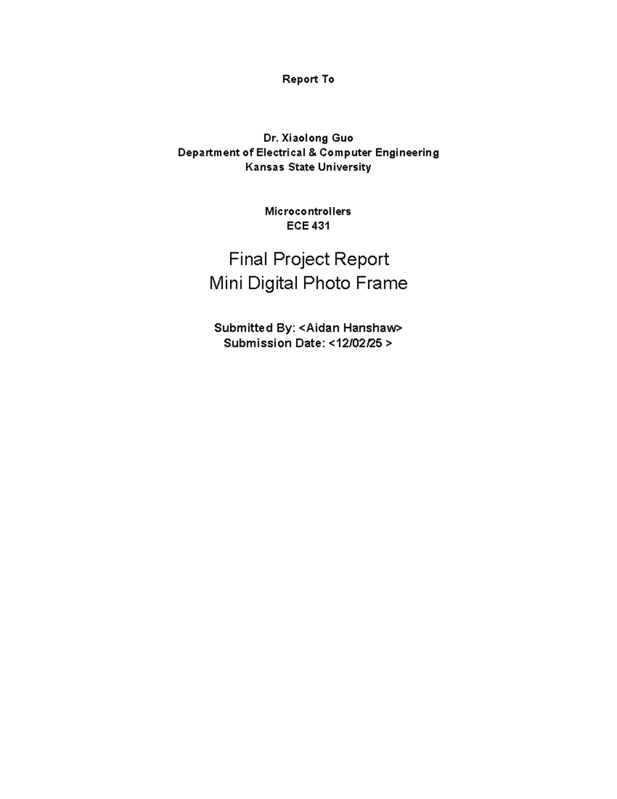 Microcontrollers ECE 431 Final Project Report: Mini Digital Photo Frame - Studocu