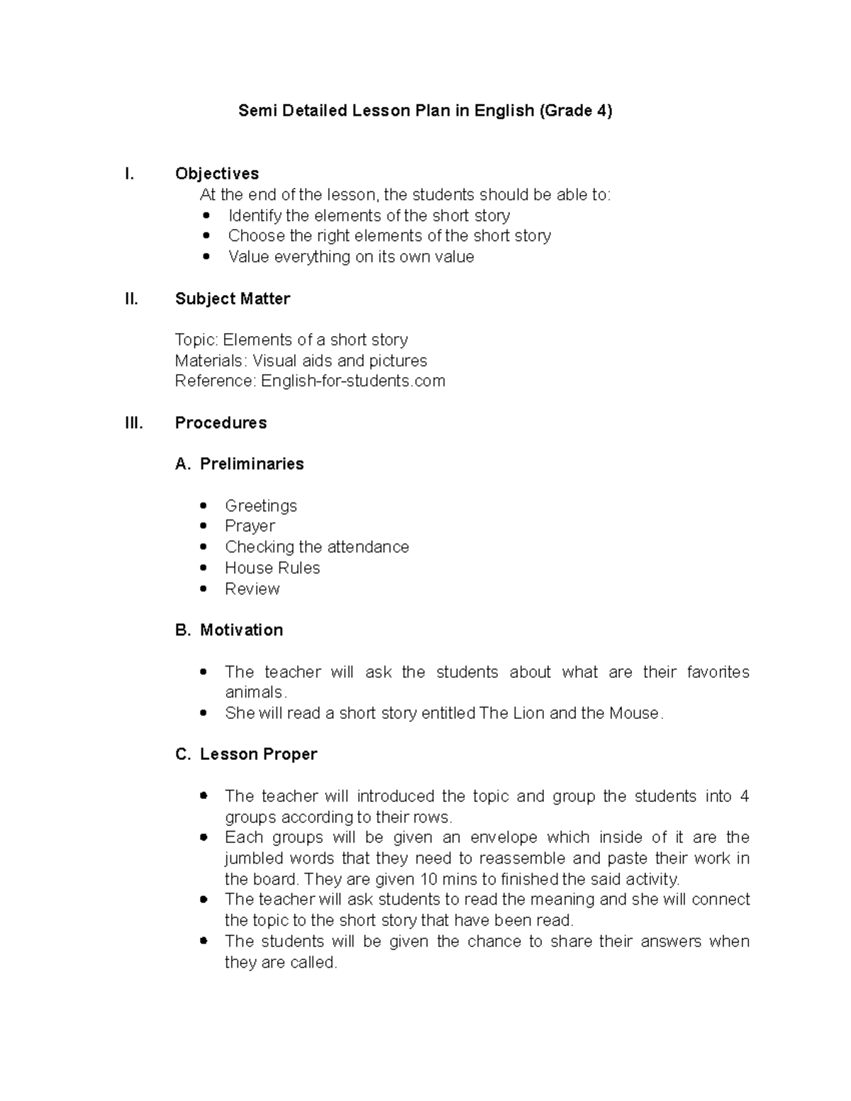 Elements of a story - Semi Detailed Lesson Plan in English (Grade 4) I ...