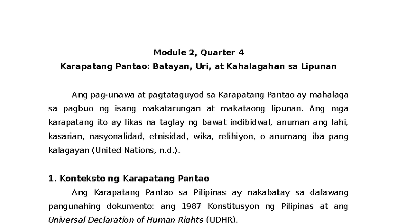 Module 2, Quarter 4: Karapatang Pantao at Kahalagahan sa Lipunan - Studocu