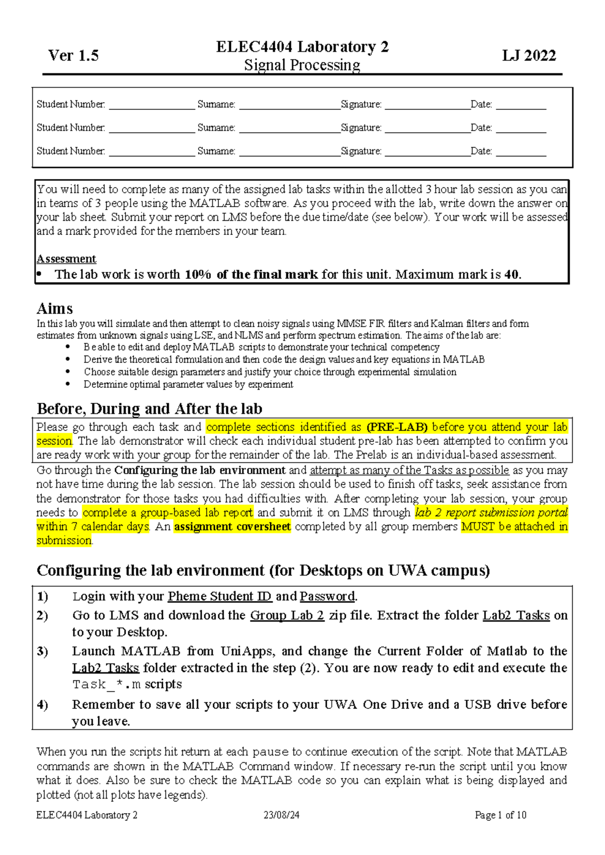 ELEC4404 Lab 2: Signal Processing Tasks and Assessment Report - Studocu
