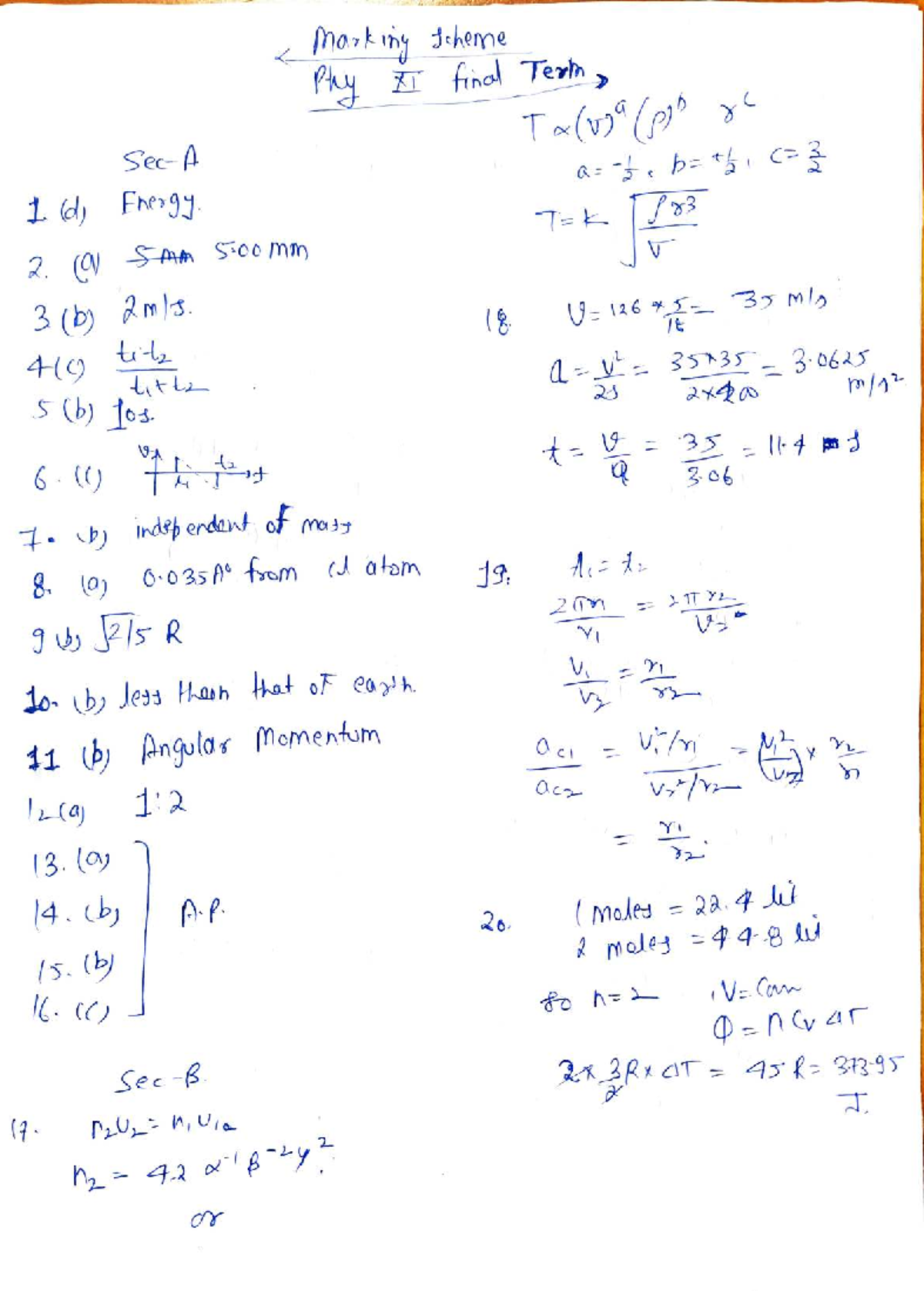 Marking Scheme 11 Phy final term - 1 d 4( 2. ( 3 (b) am s. 6. (() Sec A Fh» 13. (o) ) Idep erdet ...