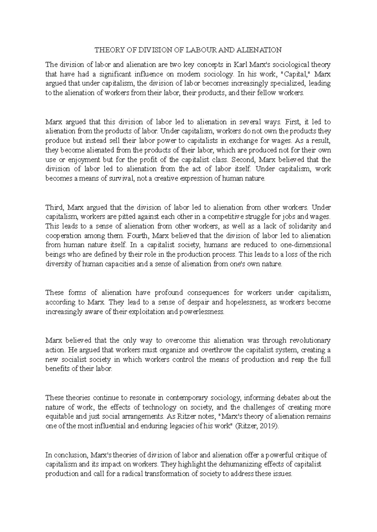 Theory OF DOLA - THEORY OF DIVISION OF LABOUR AND ALIENATION The ...