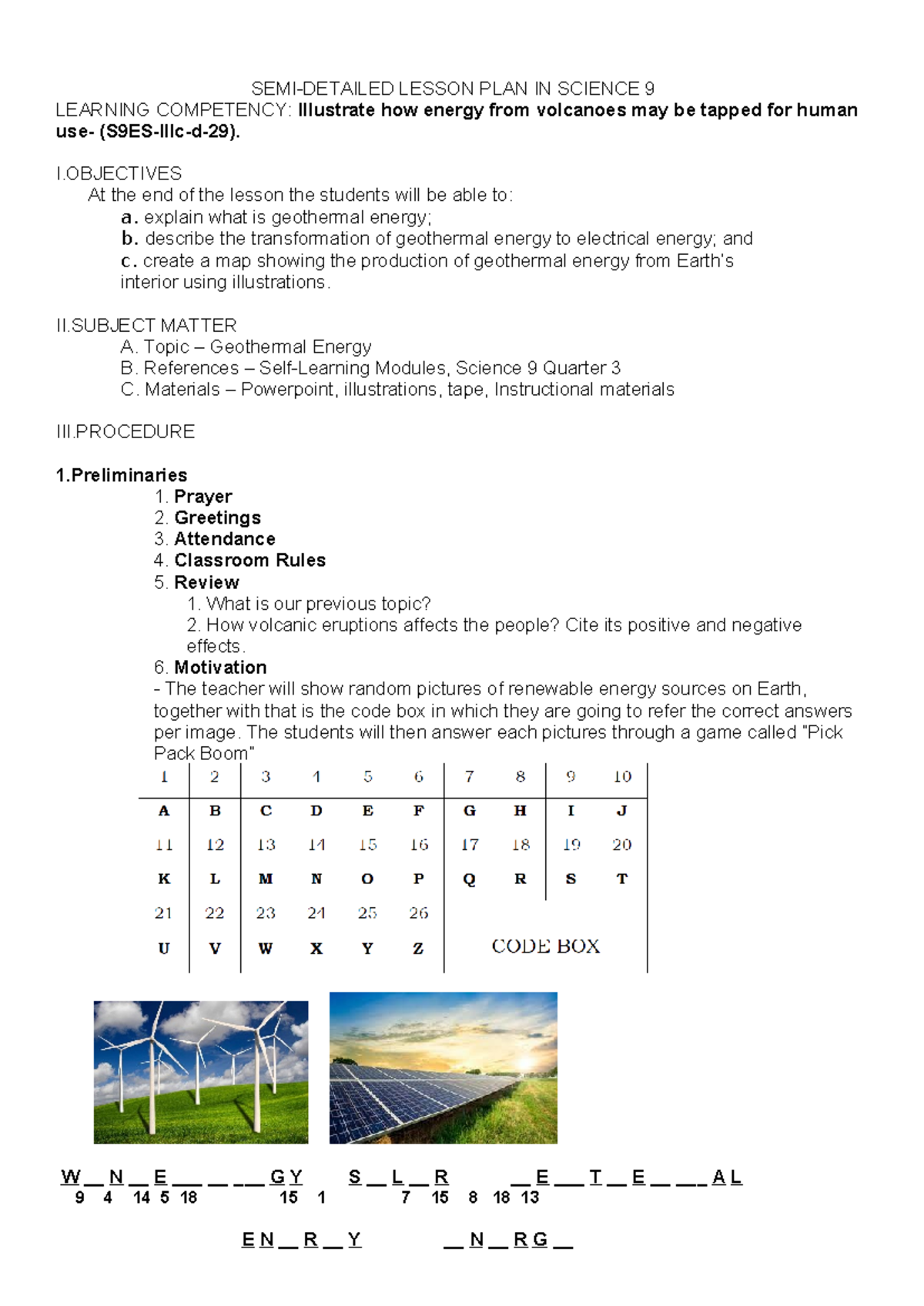 Lesson Plan for Science 9: Geothermal Energy (S9ES-IIIc-d-29) - Studocu