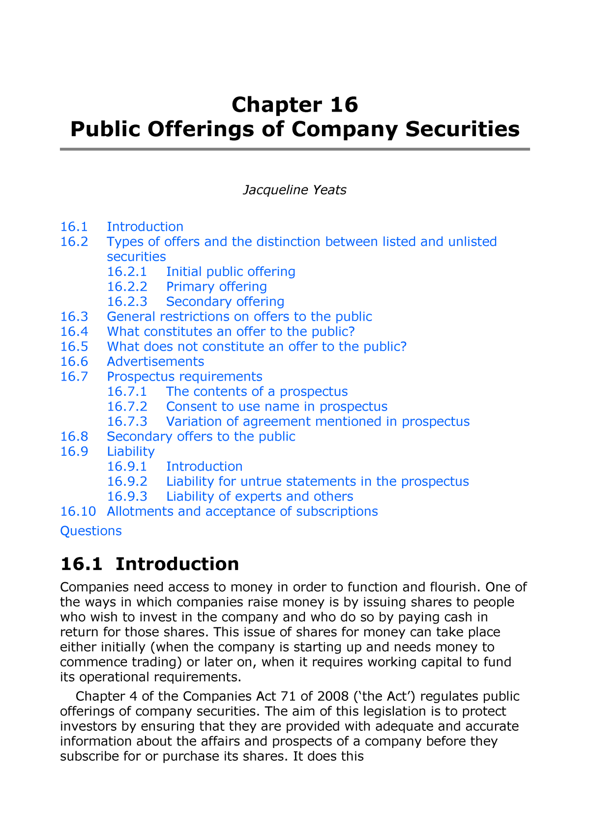 Chapter 16: Public Offerings of Company Securities and Their ...