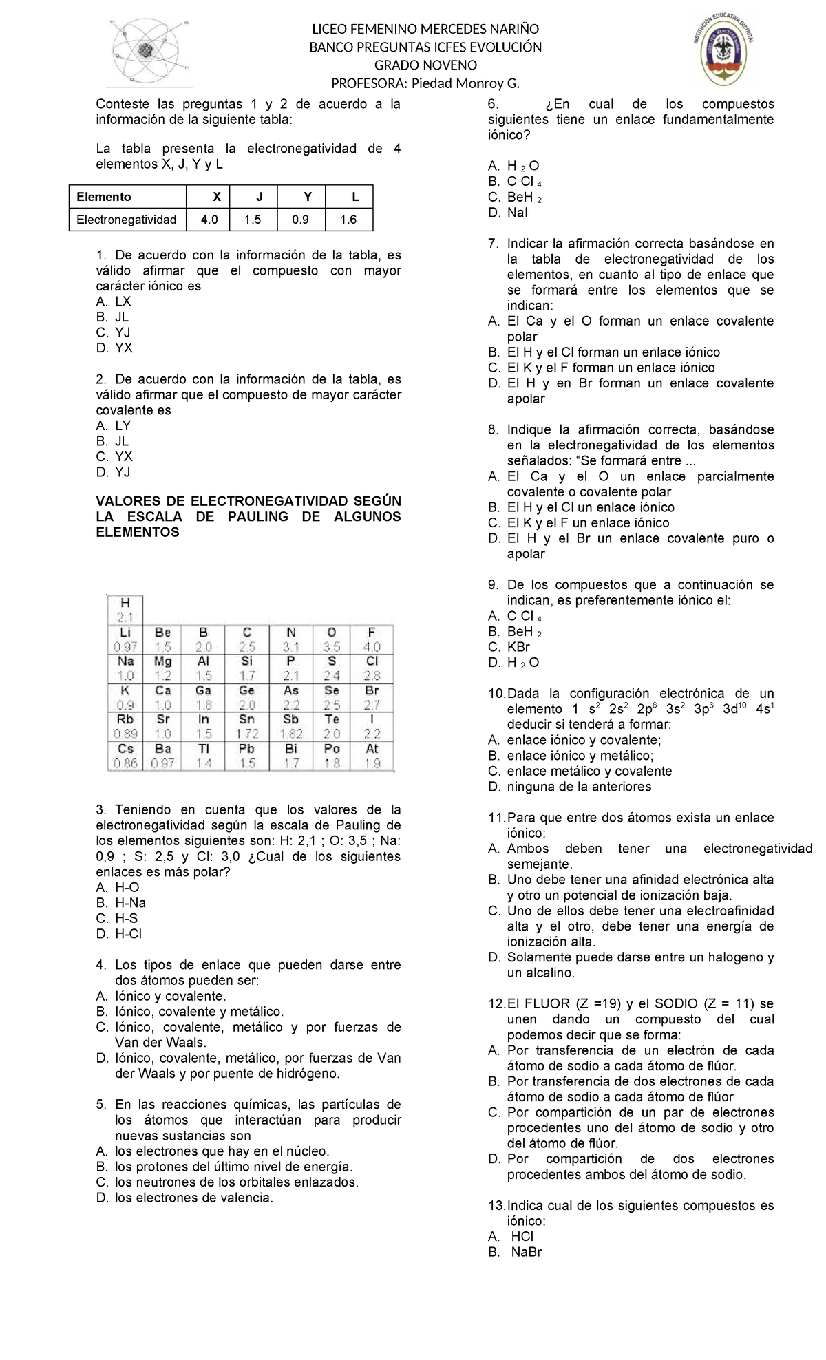 Banco de preguntas ICFES sobre enlaces químicos - Grado noveno - Studocu