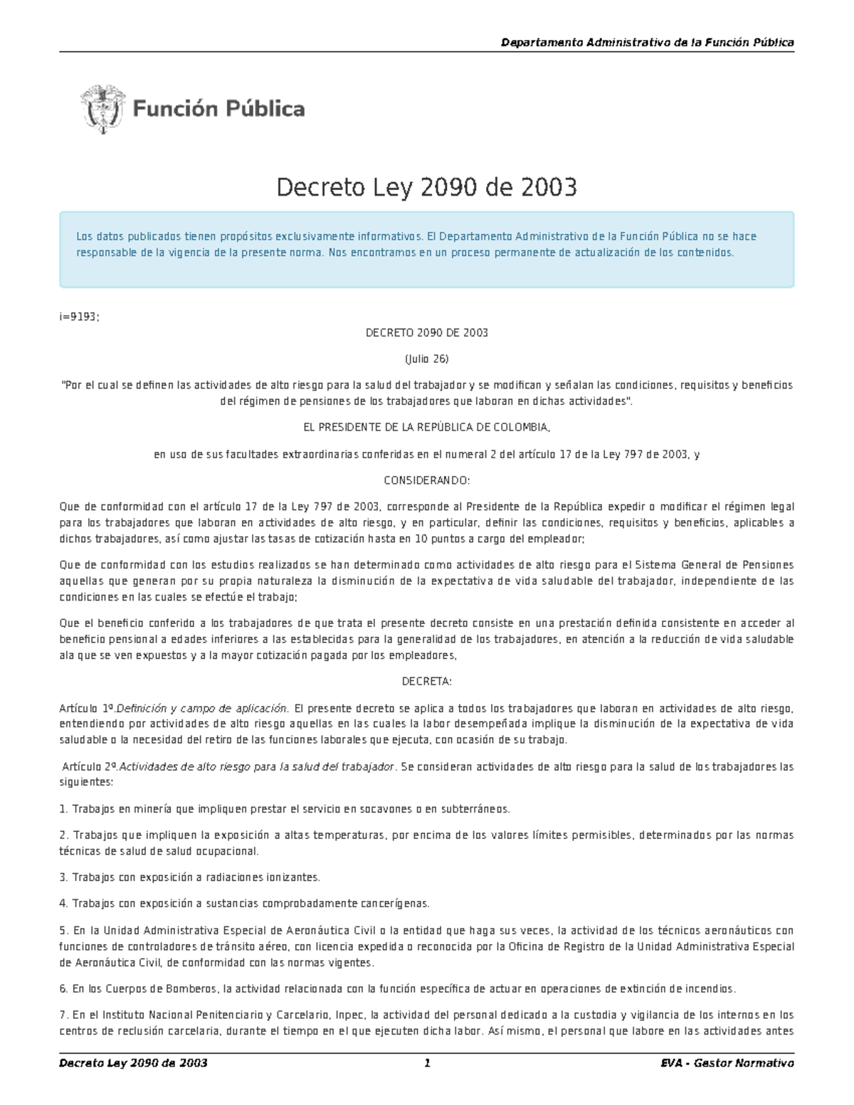 Decreto Ley 2090 de 2003: Actividades de Alto Riesgo y Pensiones - Studocu