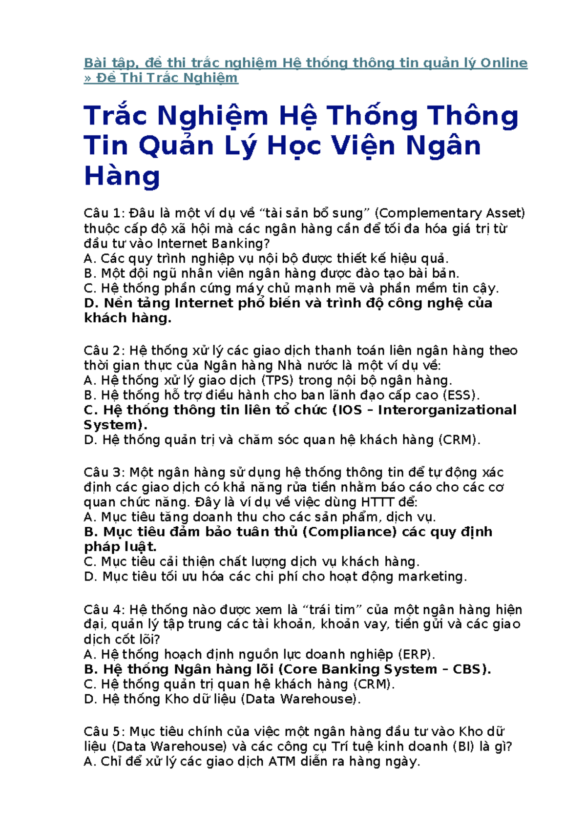 Tổng hợp trắc nghiệm ôn tập Hệ Thống Thông Tin Quản Lý (Htttql) - Studocu