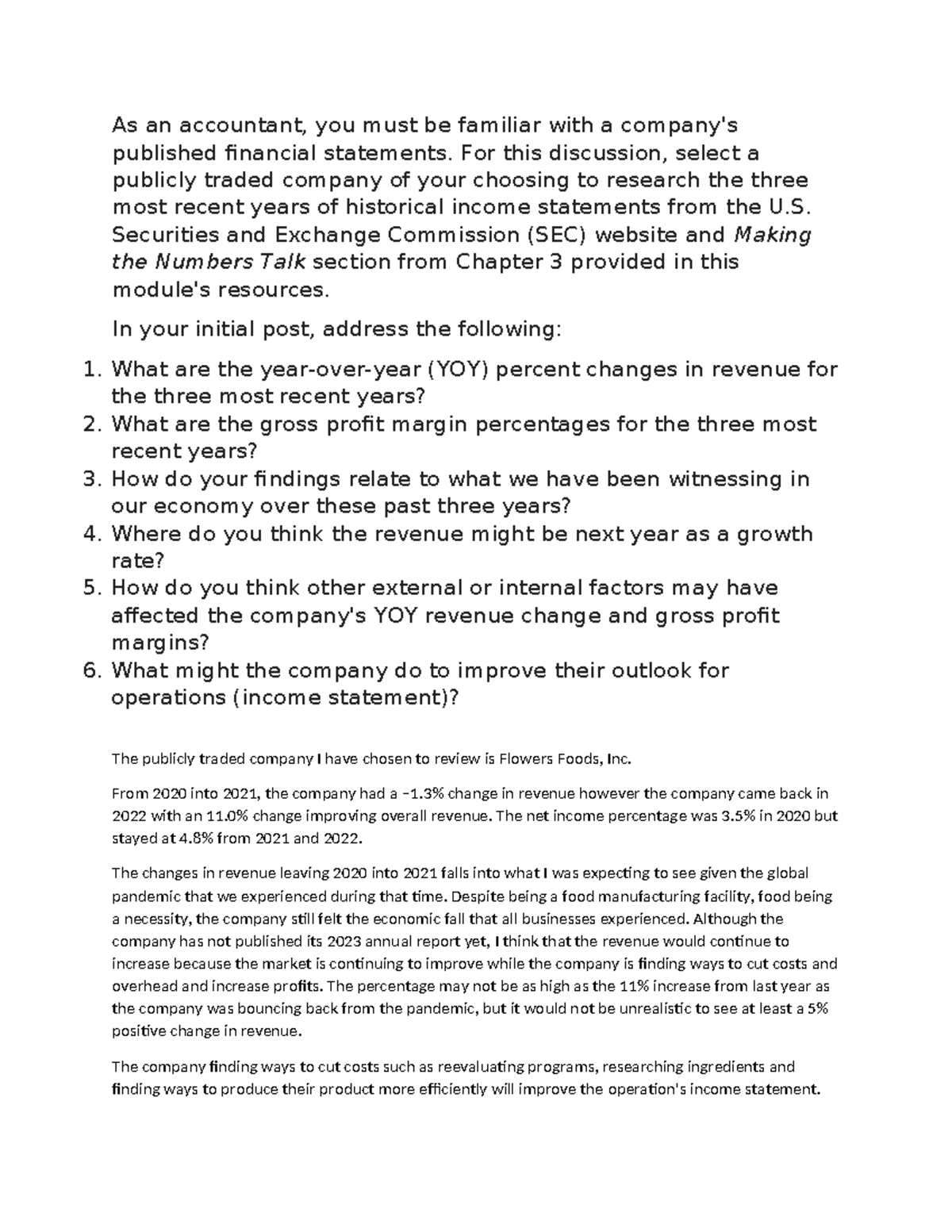 ACC-345 Module 2 Discussion on Flowers Foods, Inc. Financials - Studocu