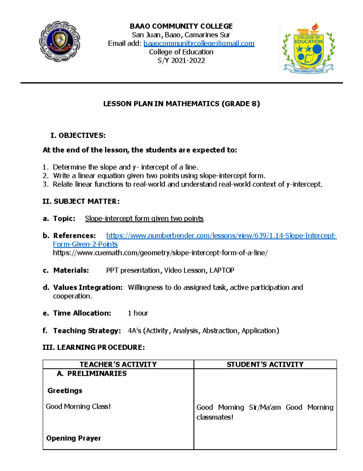 Mathematics Lesson Plan - Slope-Intercept Form (Grade 8) - Studocu