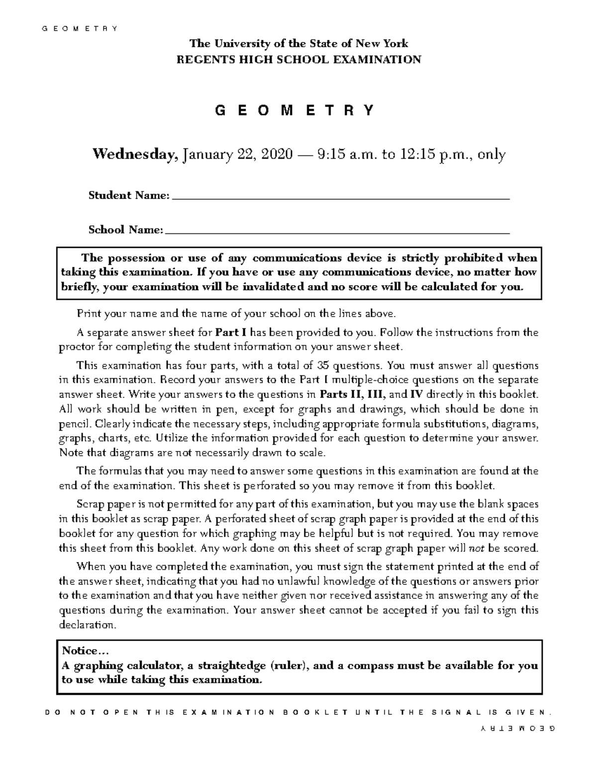 Geometry Regents Exam - January 2020 (GEOM 120) - Studocu