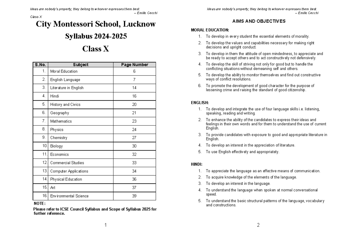 CMS Class 10 Syllabus 2024-2025 - Emilio Cecchi - Studocu