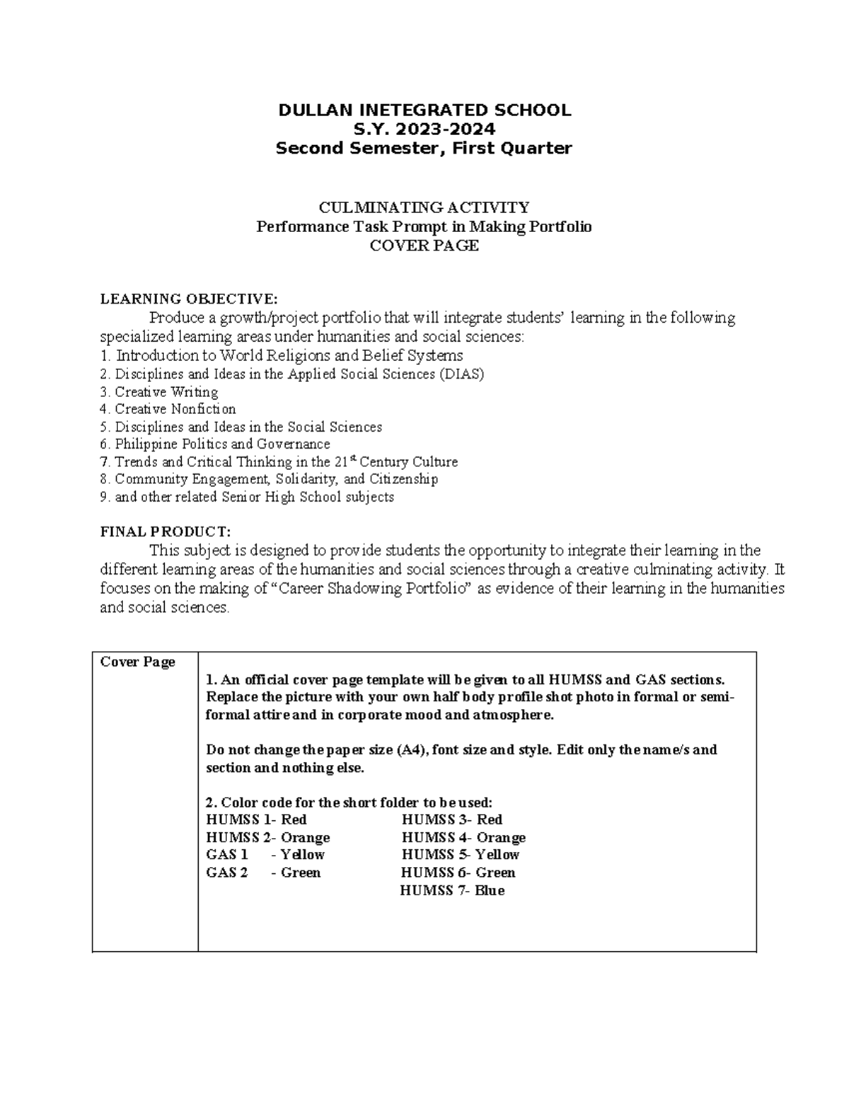 2022-CULMINATING ACTIVITY - HUMSS Cover Page Template Notes - Studocu