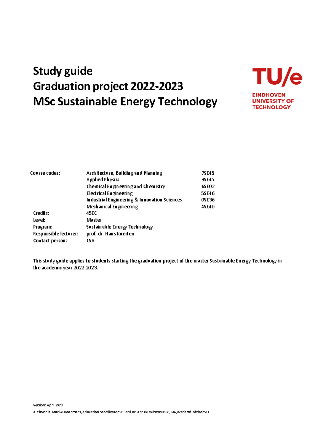 MSc Sustainable Energy Technology Graduation Project Study Guide 2022 ...