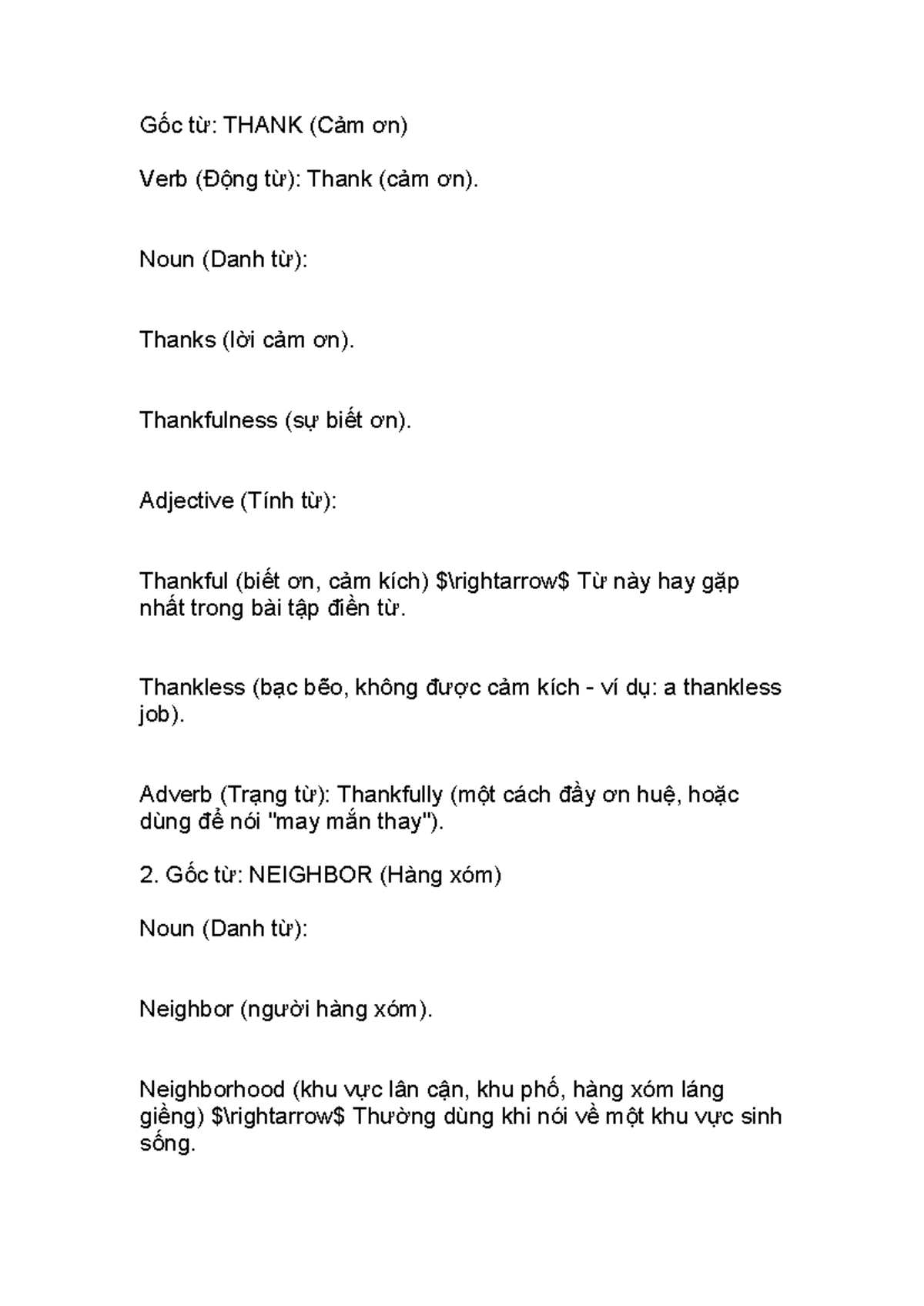 Word Family Study: THANK & NEIGHBOR - Exercise 1 - Studocu