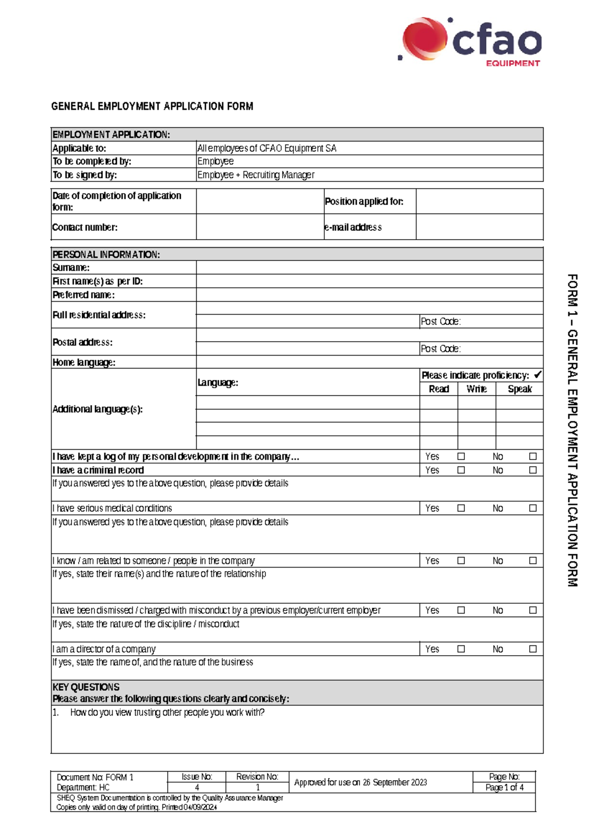 CFAO Application Template - FORM 1 – GENERAL EMPLOYMENT APPLICATION FORM GENERAL EMPLOYMENT ...