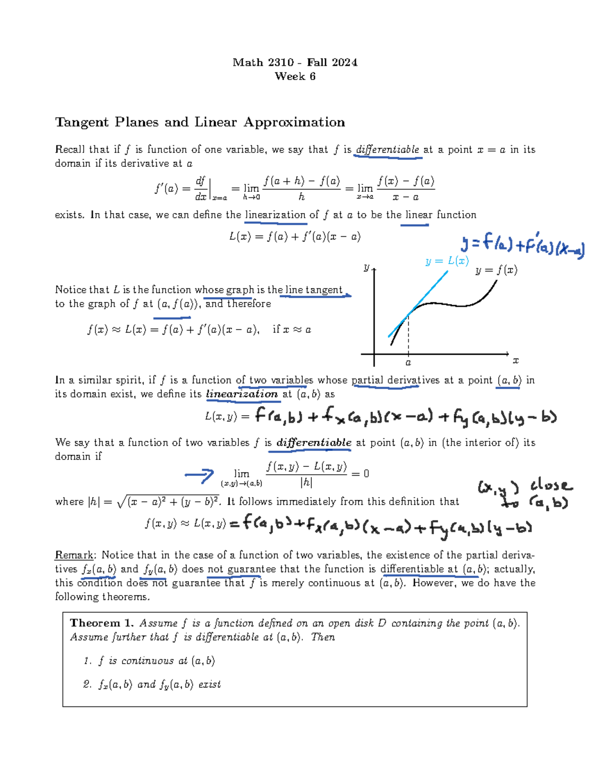 Tangent Planes and Linear Approximation - Math 2310 - Fall 2024 Week 6 ...