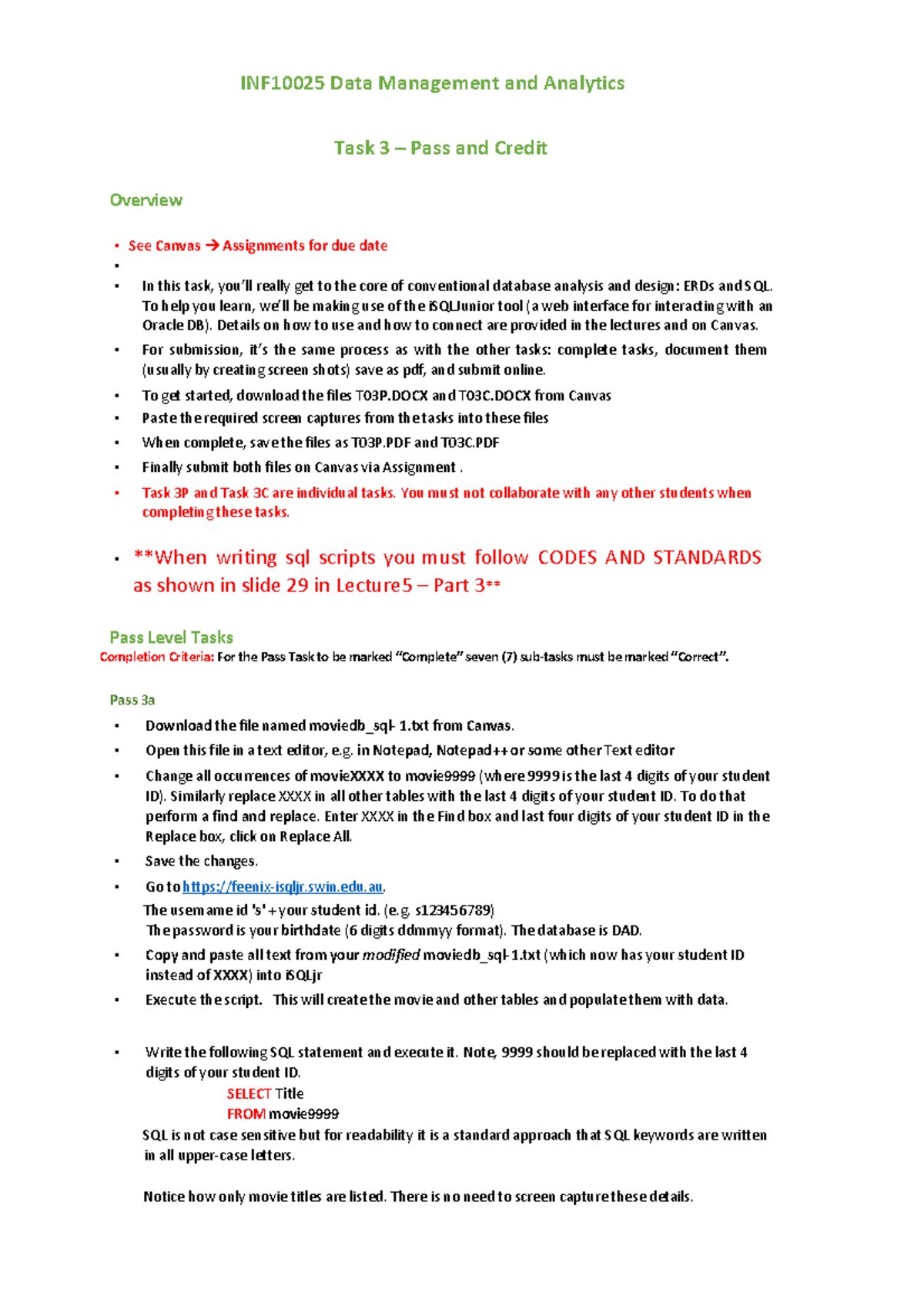 INF10025 Task 3 - Database Analysis & SQL Implementation Guide - Studocu