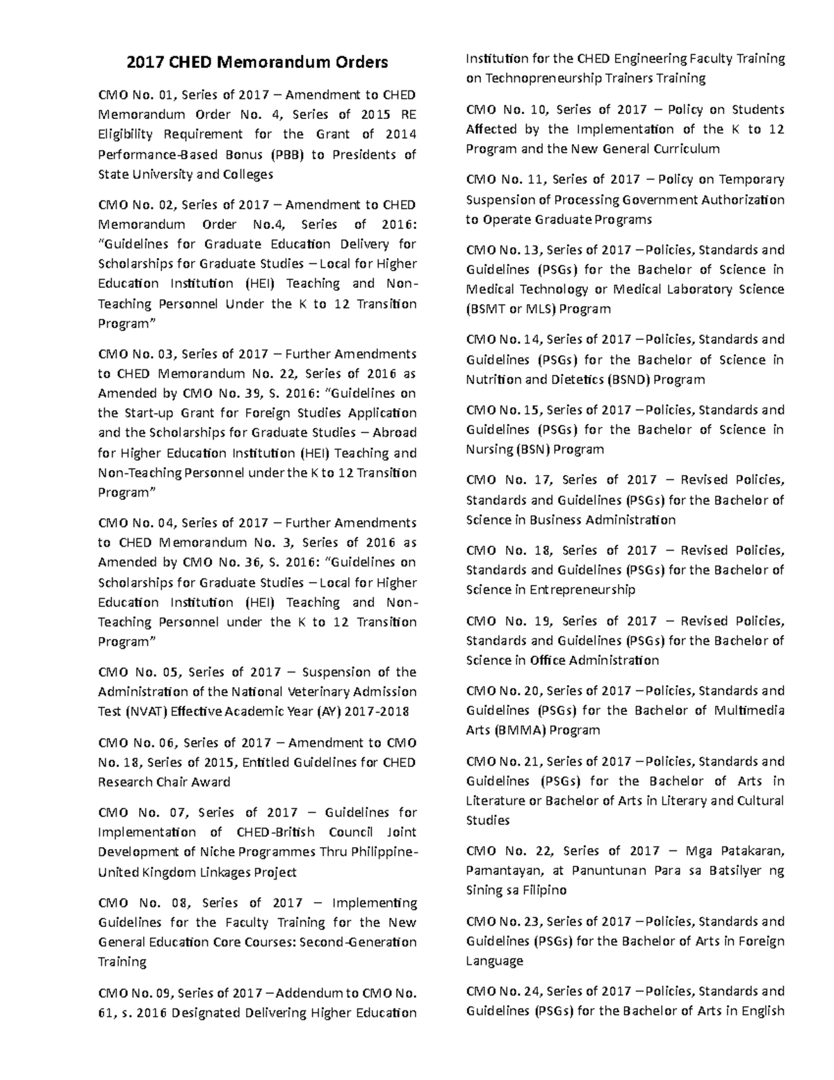 2017 CMO Laws: Comprehensive Amendments and Guidelines Overview - Studocu