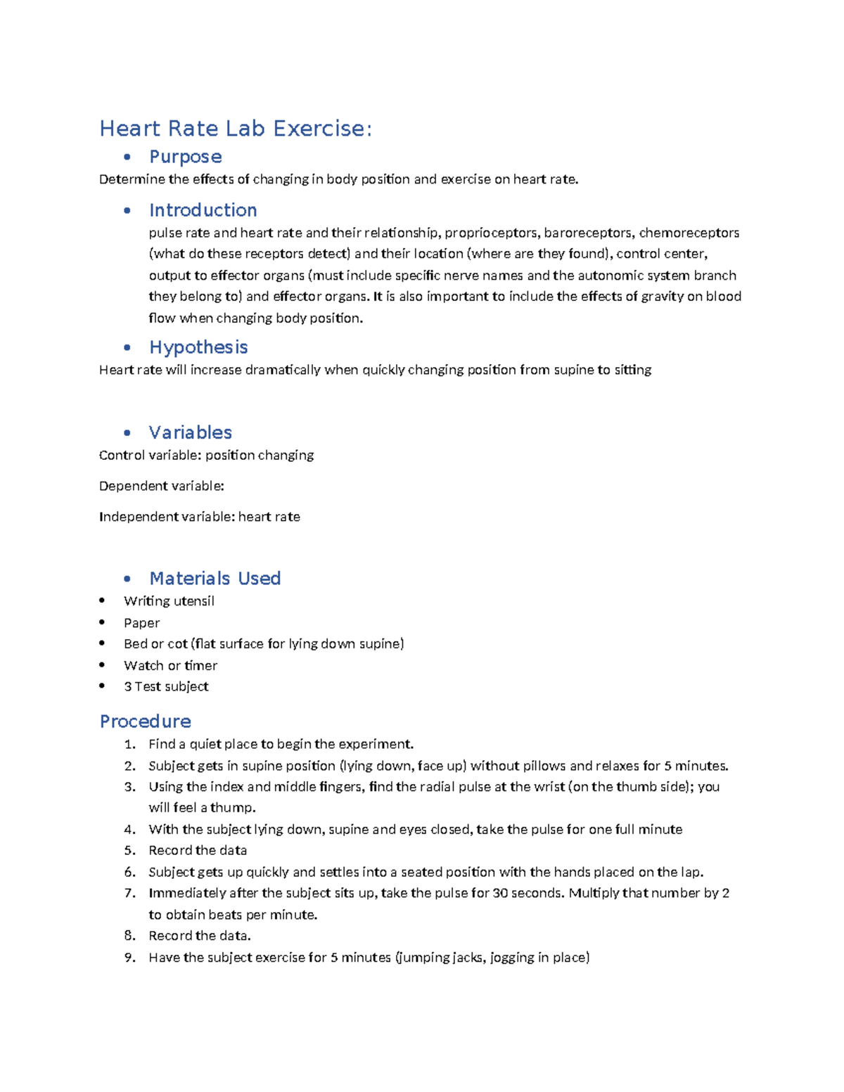 Heart Rate Lab Report: Effects of Position and Exercise on Pulse - Studocu