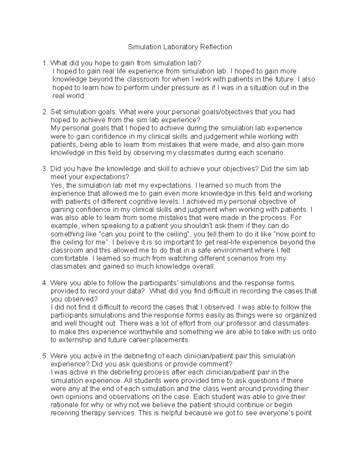 Simulation Lab Reflection: Insights and Growth in Clinical Skills - Studocu