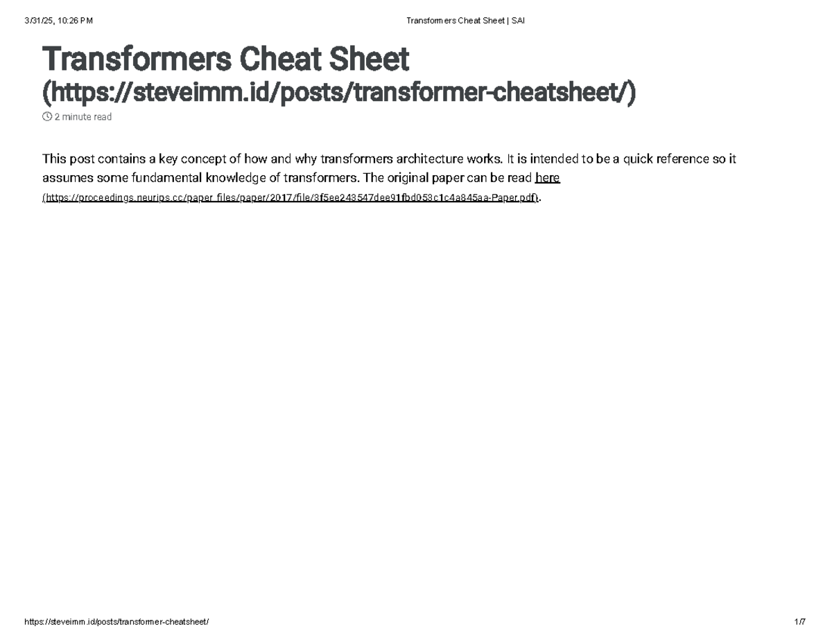 Transformers Cheat Sheet SAI: Key Concepts & Attention Mechanism - Studocu
