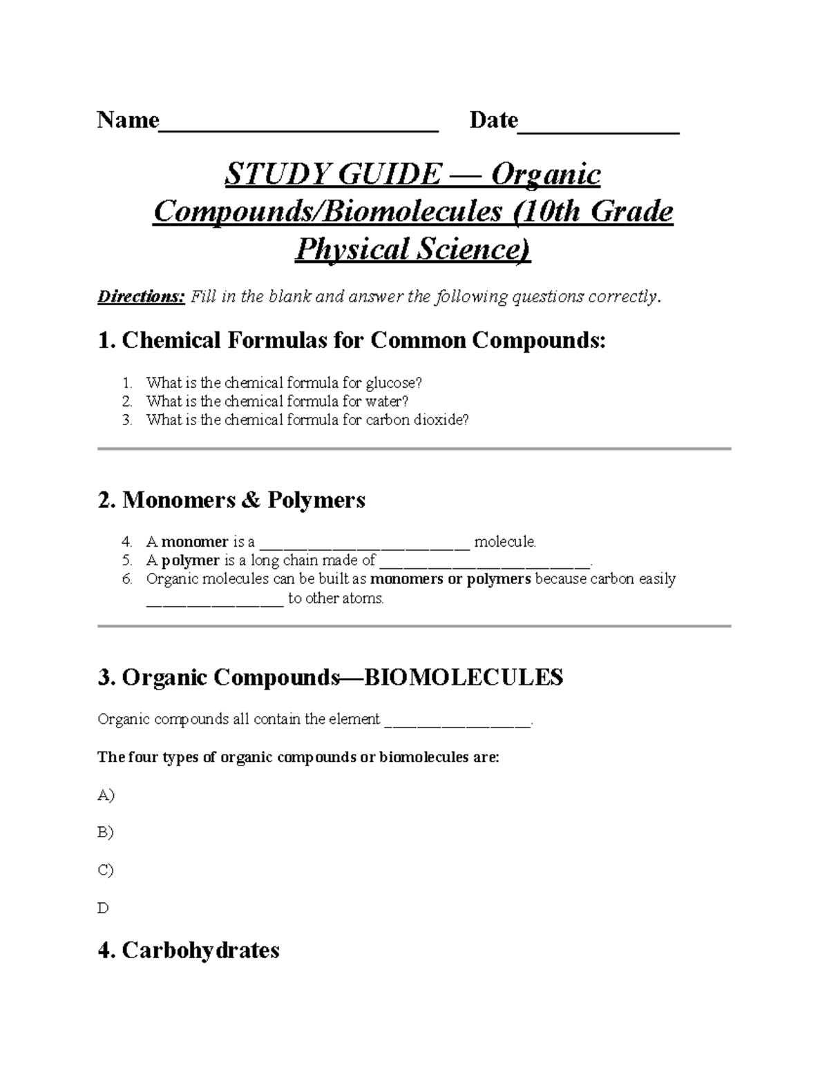 Study Guide: Biomolecules in 10th Grade Physical Science - Studocu