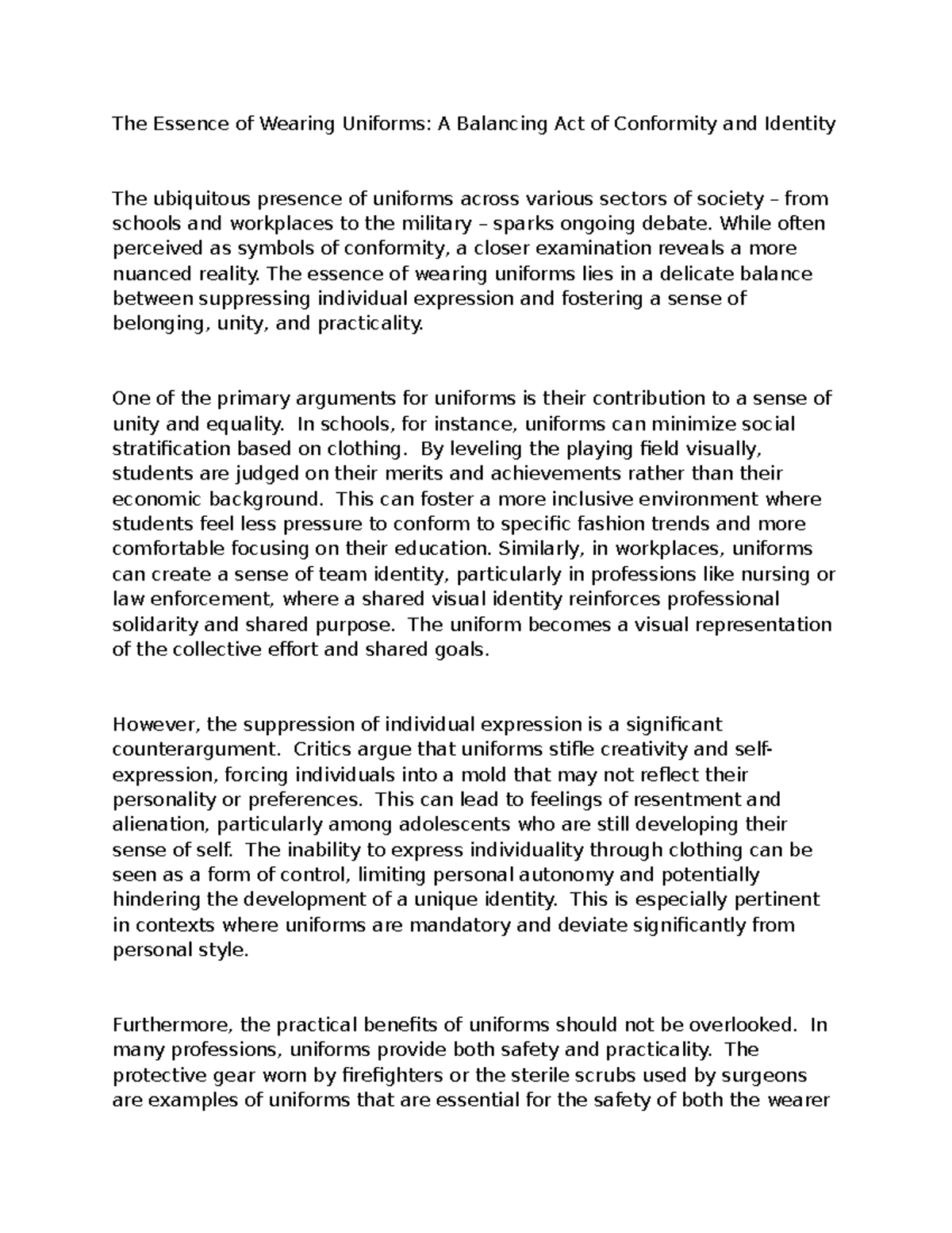 The Essence of Wearing Uniforms: Conformity vs. Individuality - Studocu