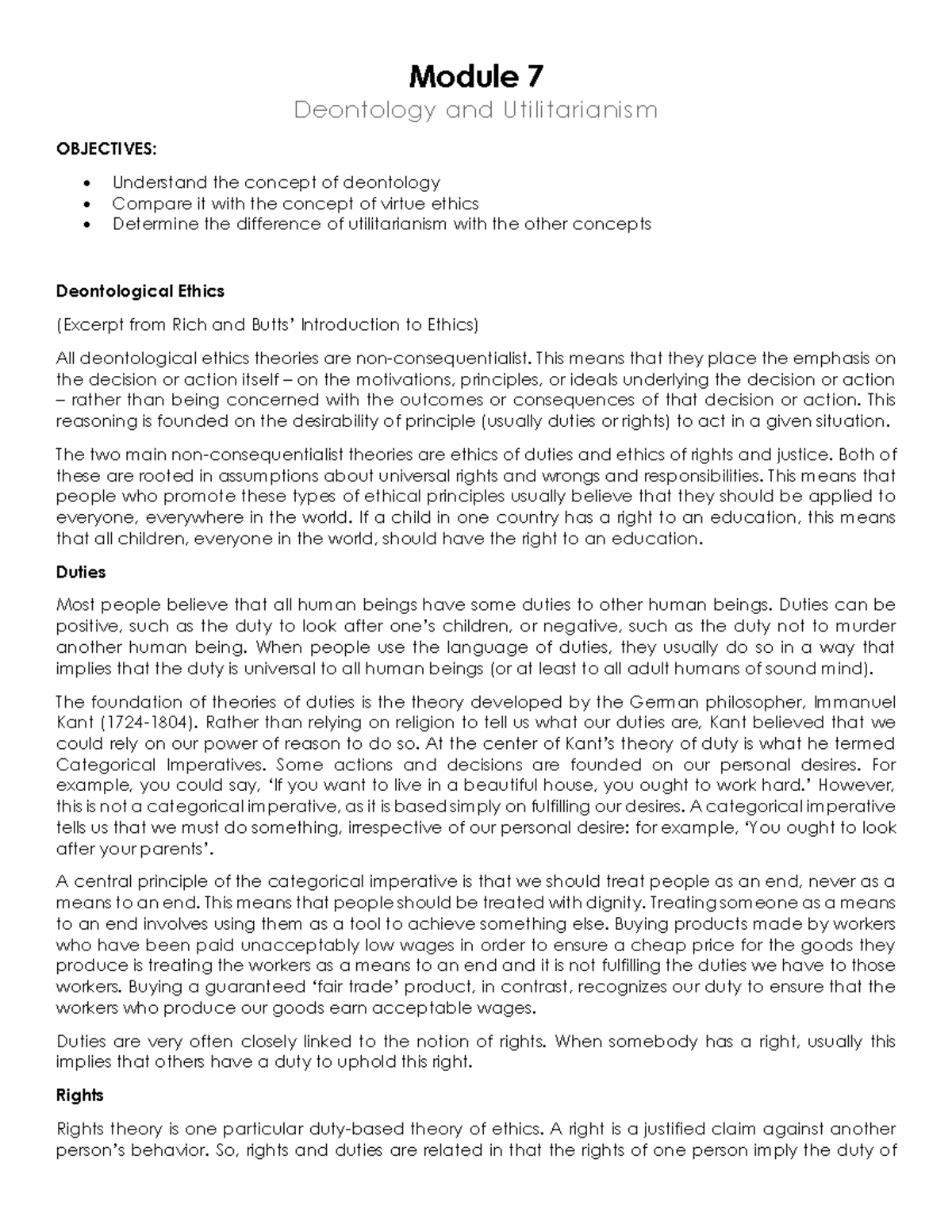 Module 7 - Morals - Module 7 Deontology and Utilitarianism OBJECTIVES ...