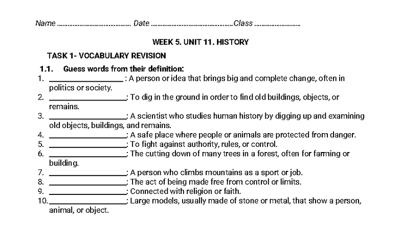 W5 CLC History Unit 11 Vocabulary Revision & Activities - Studocu