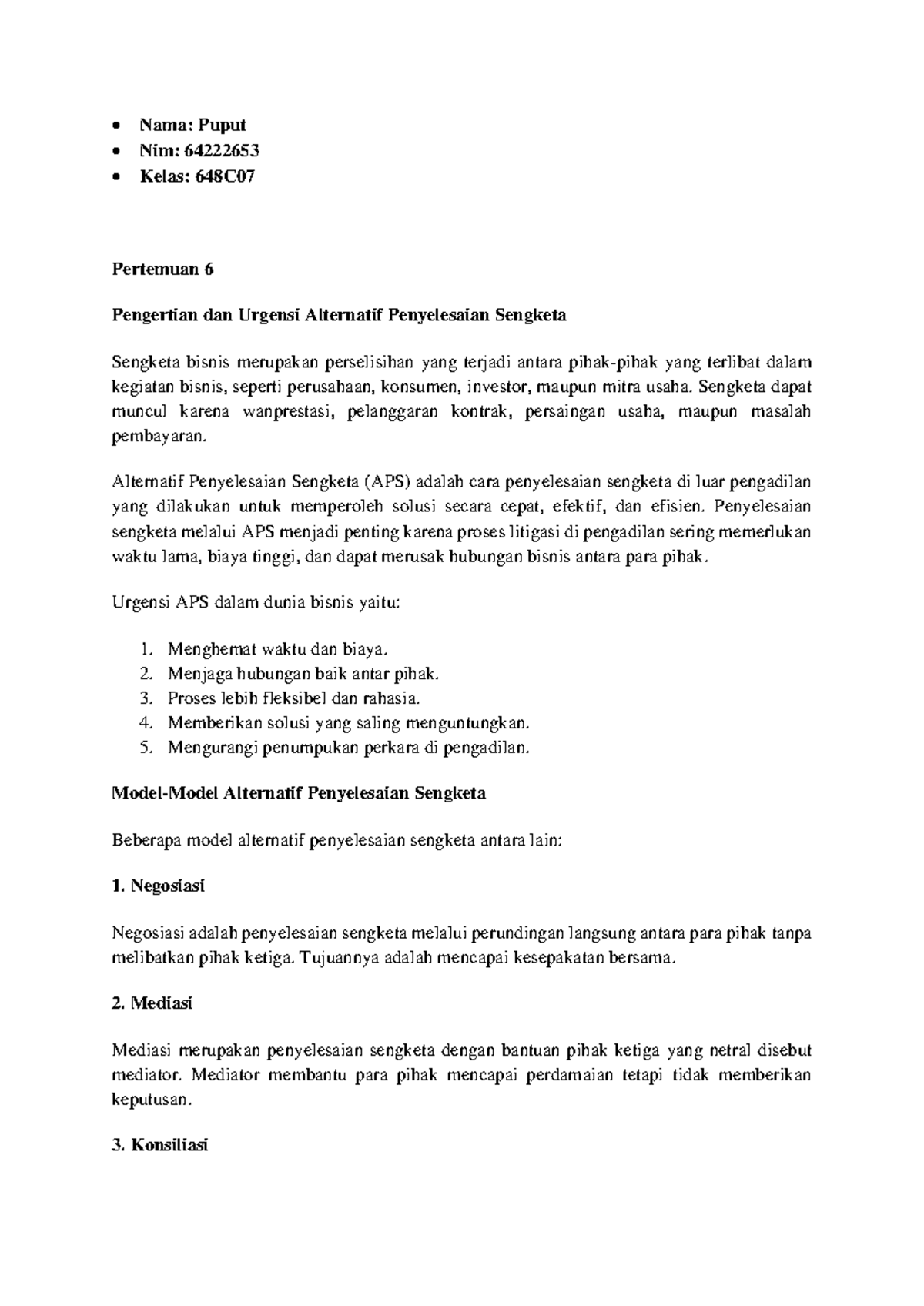 Resume Pertemuan 6: Urgensi dan Model Alternatif Penyelesaian Sengketa ...