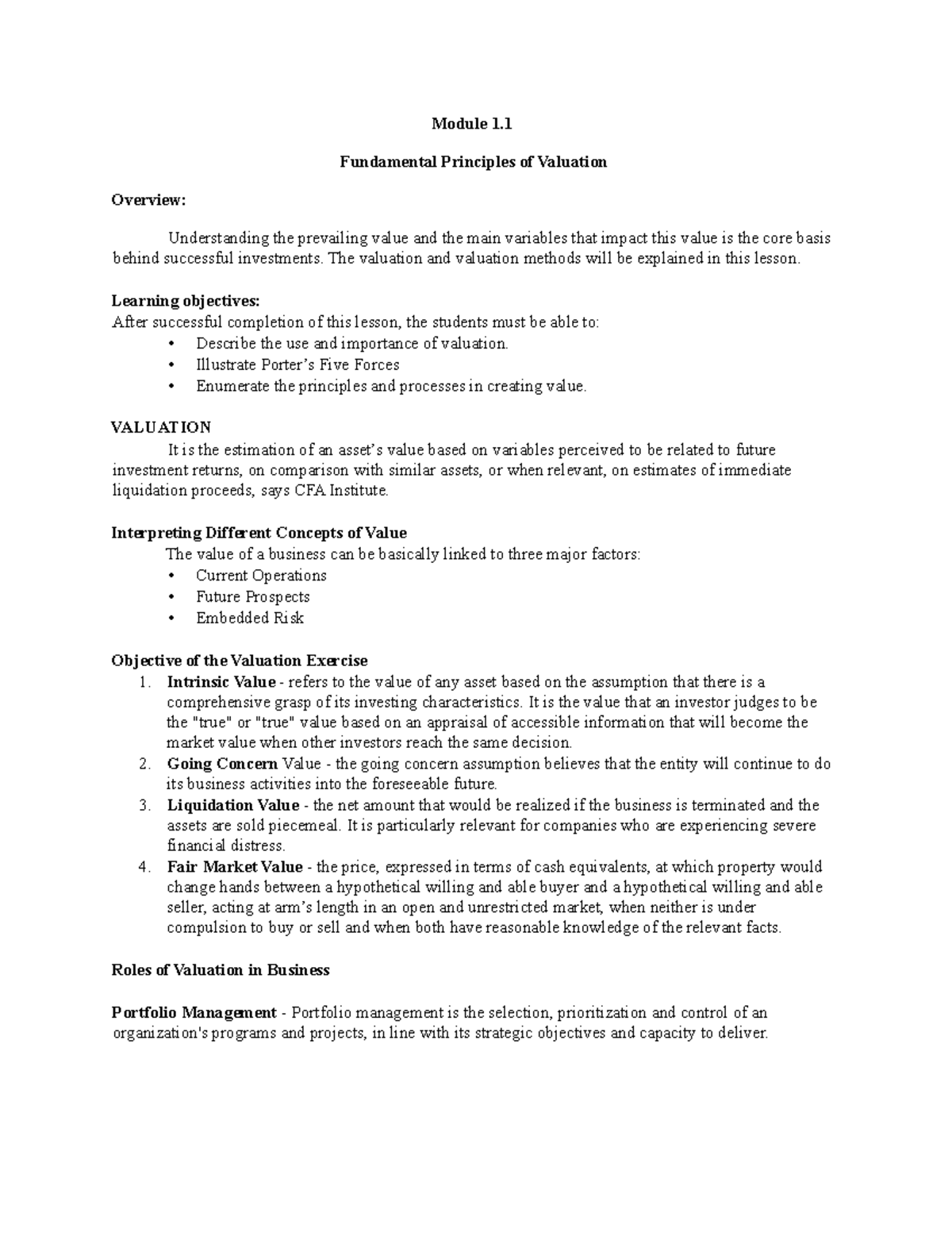 Fundamental Principles of Valuation - Module 1. Fundamental Principles of Valuation Overview ...