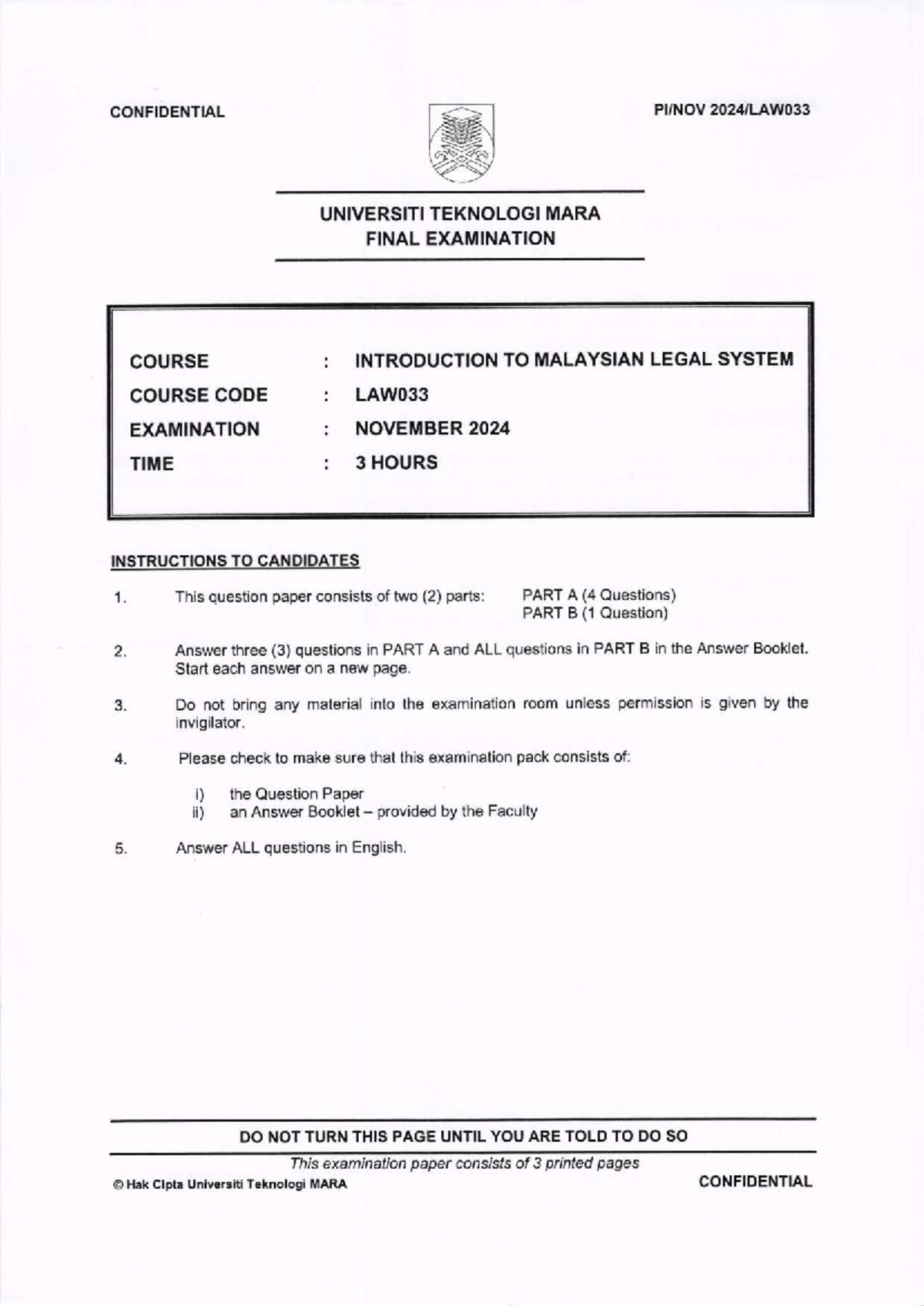 LAW033 2024 - Final Exam Questions for Intro to Malaysian Legal System ...
