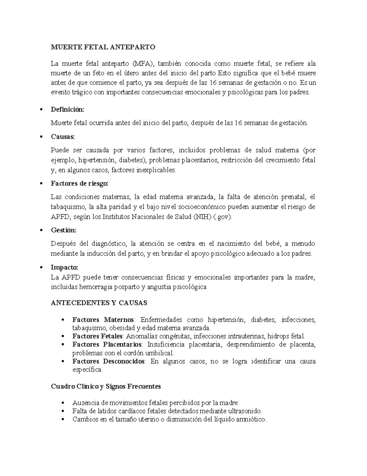 MUERTE FETAL ANTEPARTO: Causas, Impacto y Manejo Clínico - Studocu